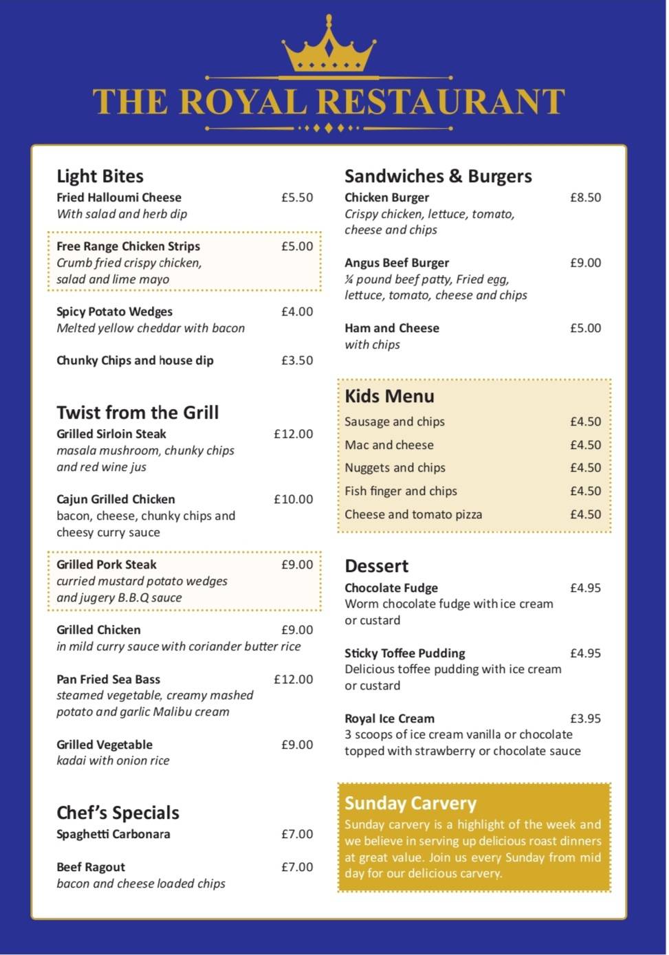 Menu at Royal Pub Sheerness, Sheerness