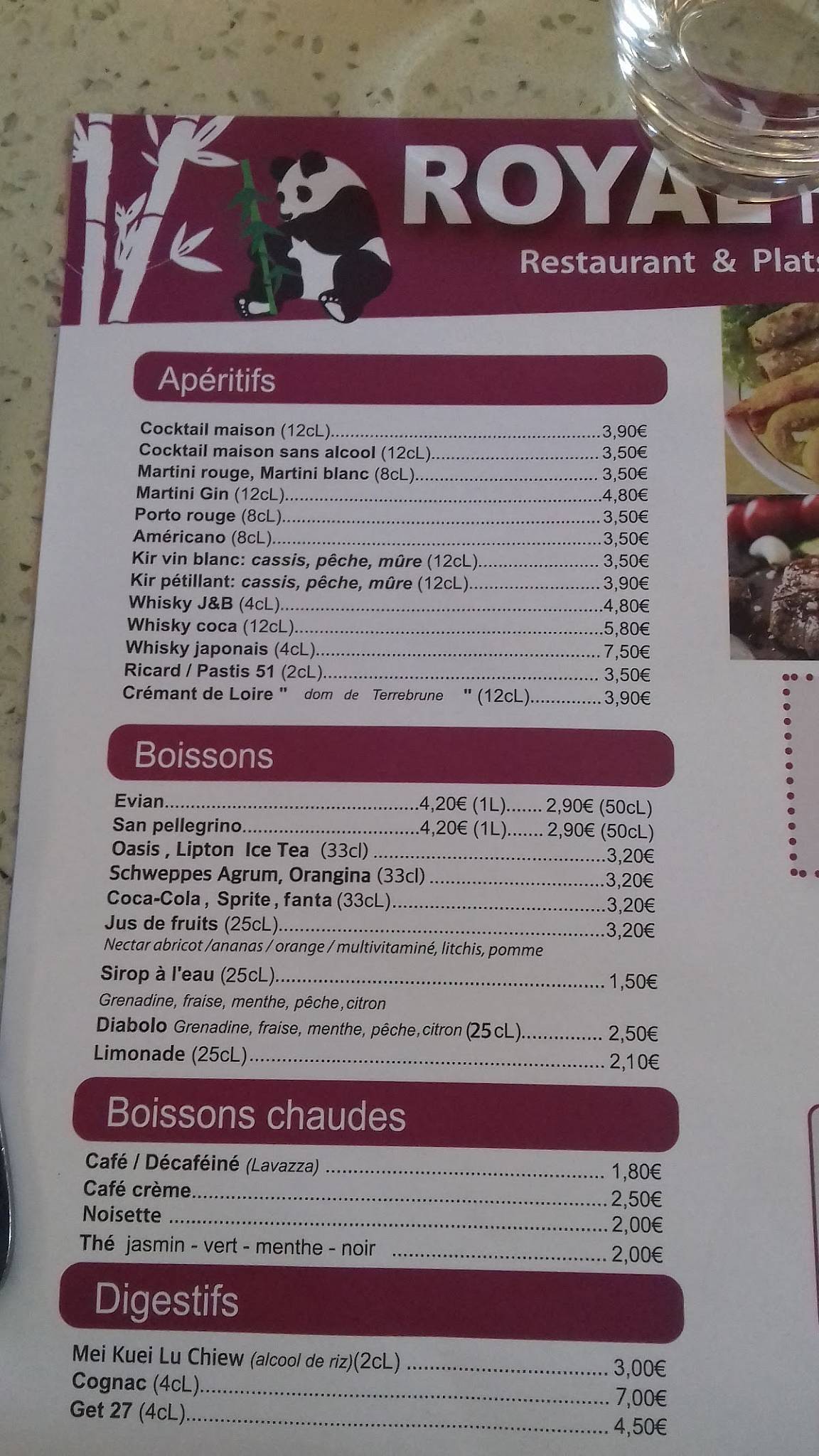 Menu au Royal Panda restaurant, Angers