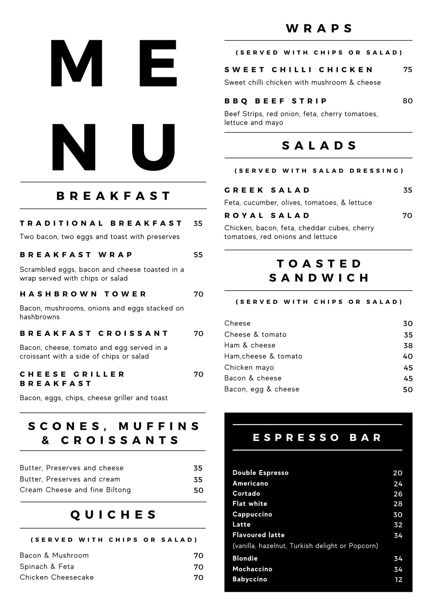 Menu at Royal Roastery Langenhovenpark cafe, Bloemfontein