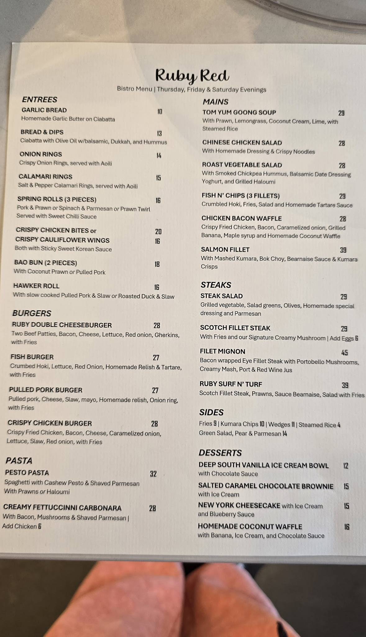 Menu at Ruby Red cafe, Auckland