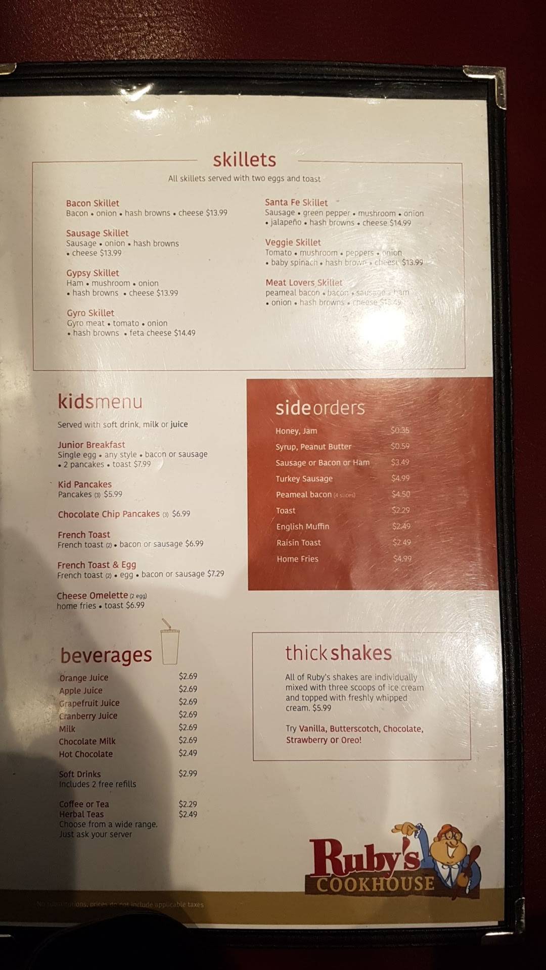 Menu at Ruby's Cookhouse restaurant, Aylmer