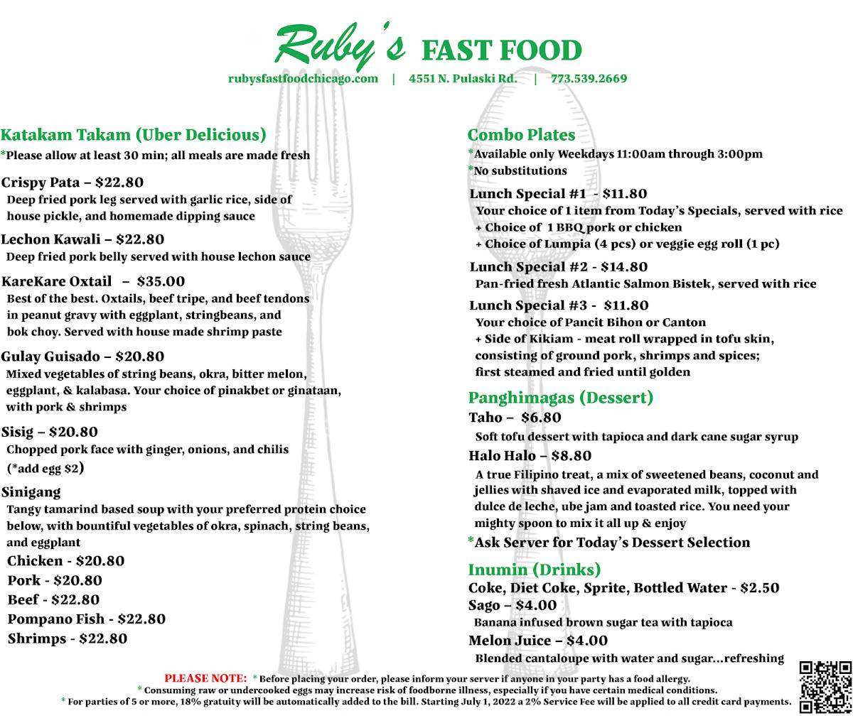 Menu at Ruby's Fast Food, Chicago