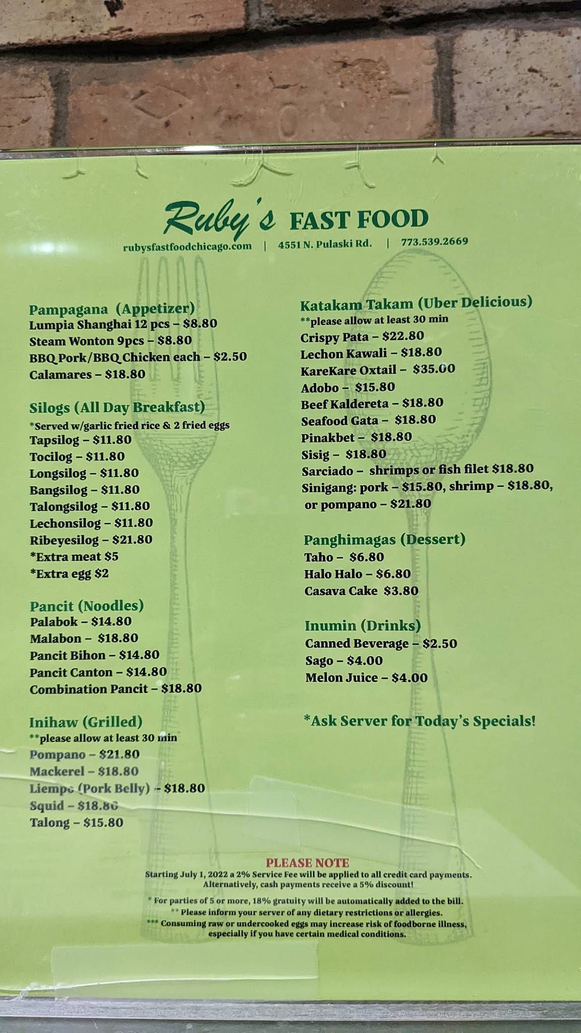 Menu at Ruby's Fast Food, Chicago