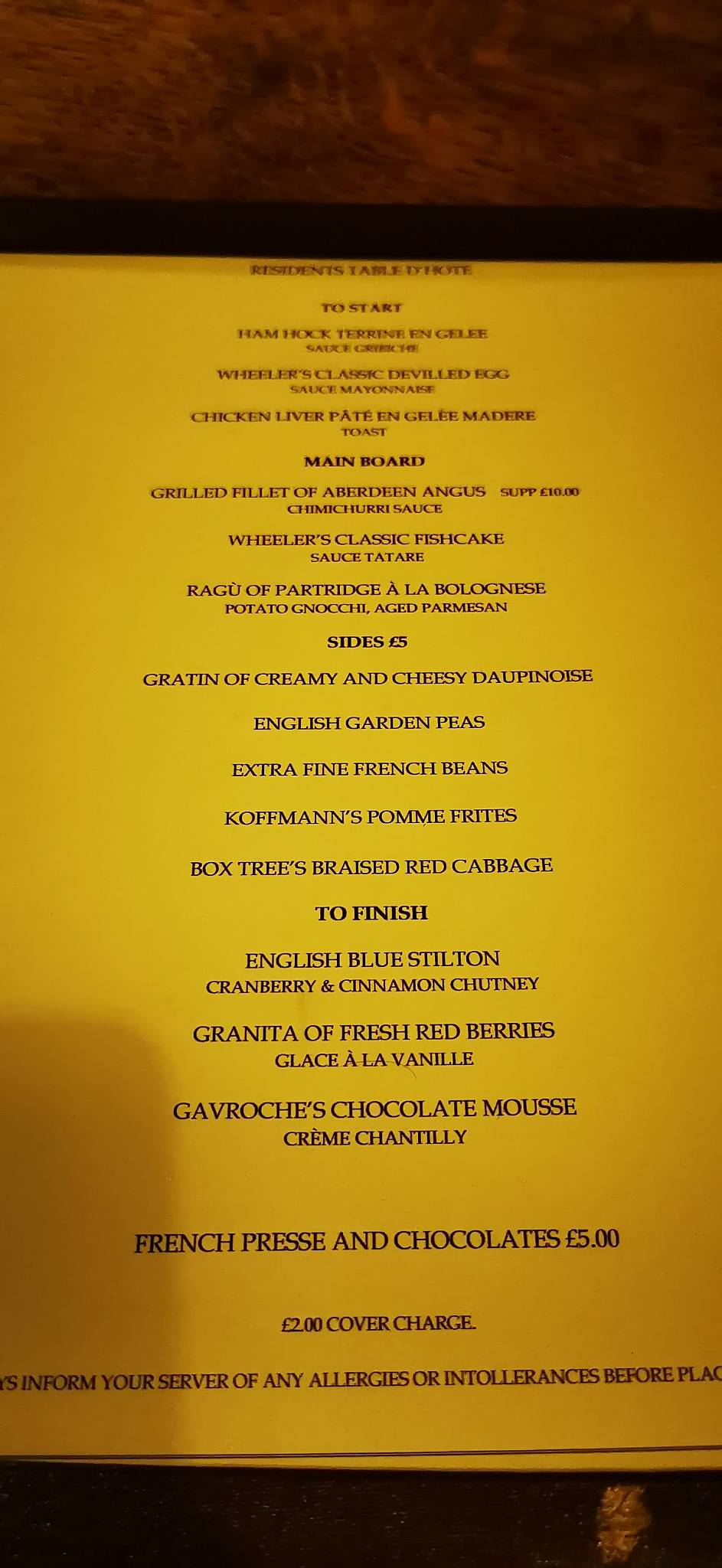 Menu at The Rudloe Hotel Nr. bath - Marco Pierre White restaurant, Corsham