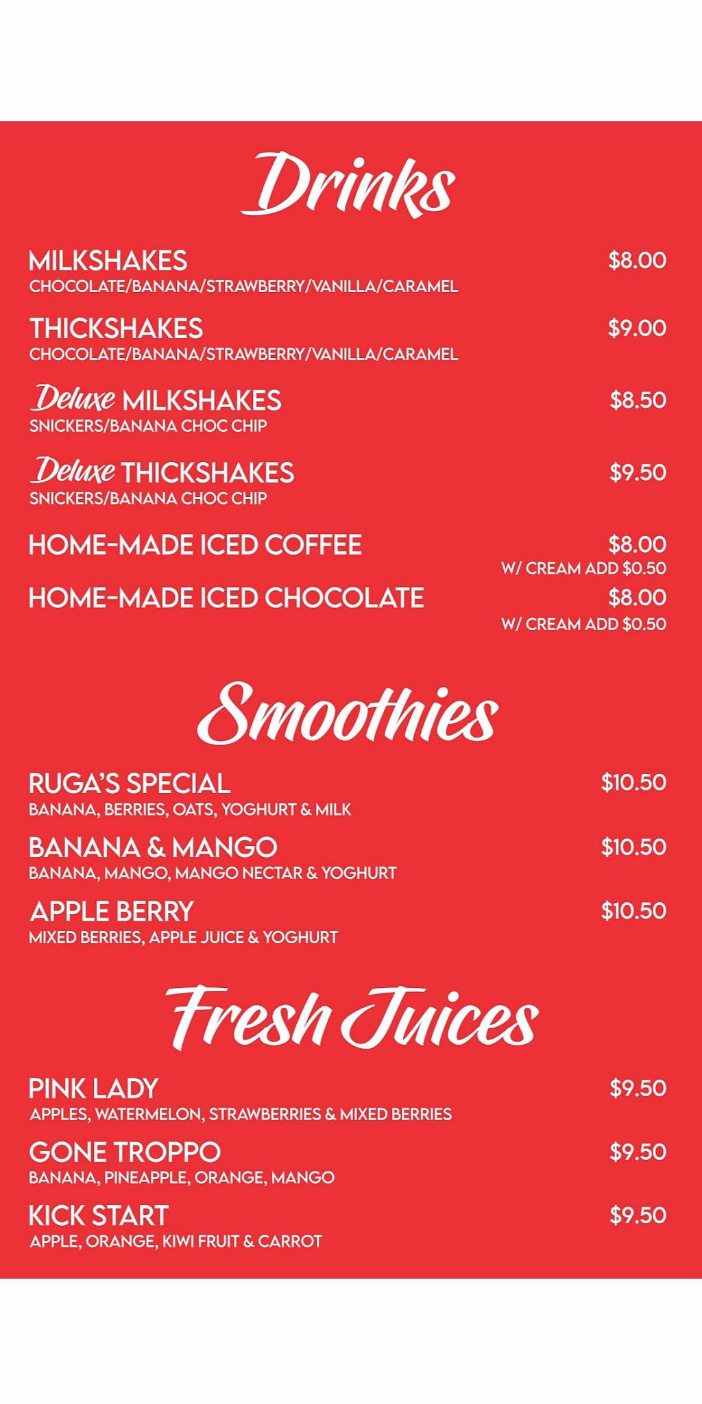 Menu at Ruga's Cafe, Taperoo
