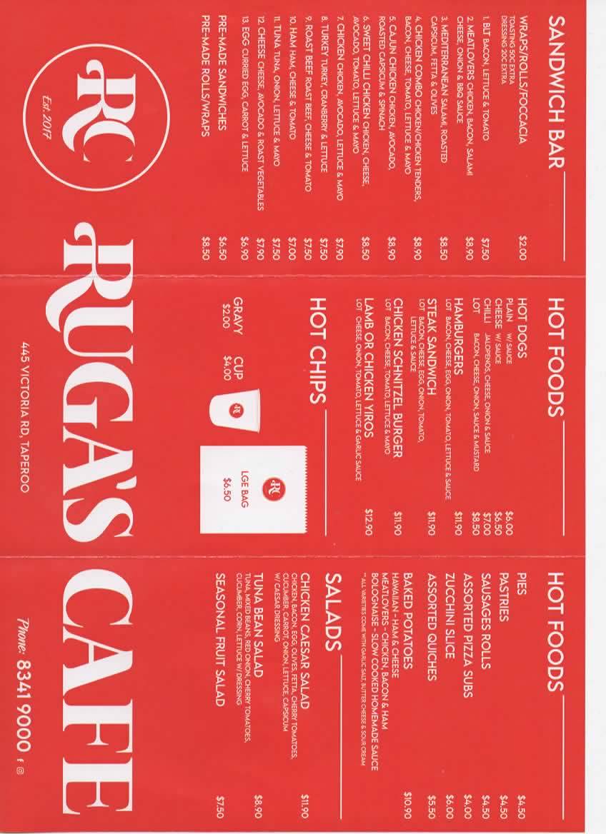 Menu at Ruga's Cafe, Taperoo