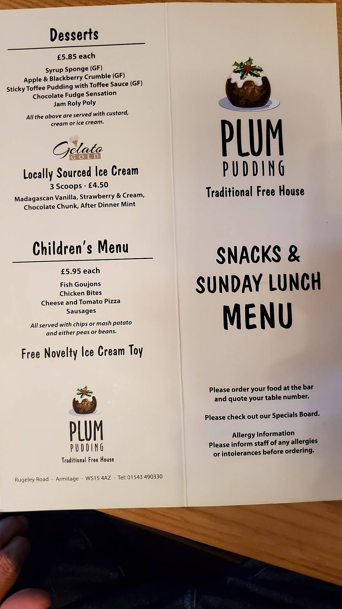 Menu at The Plum Pudding Inn pub & bar, Rugeley