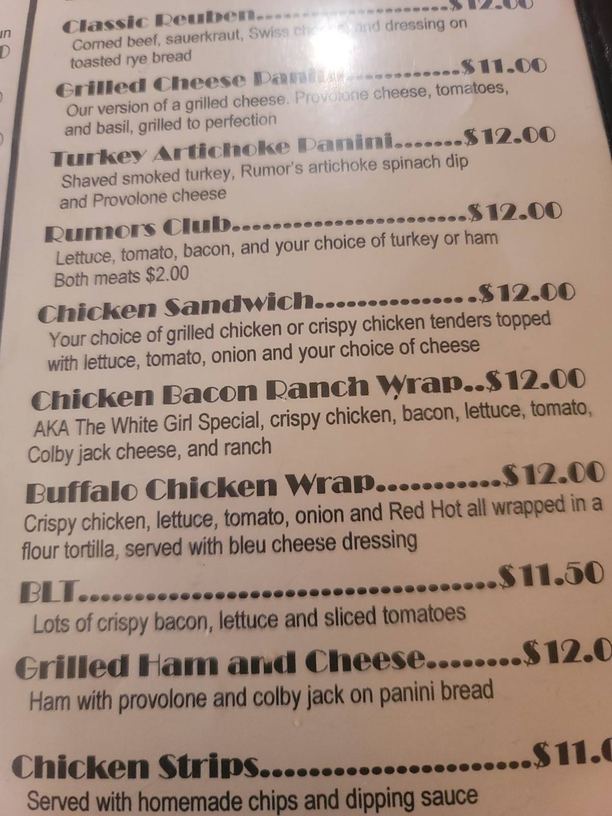 Menu at Rumors Inc. pub & bar, Hudson