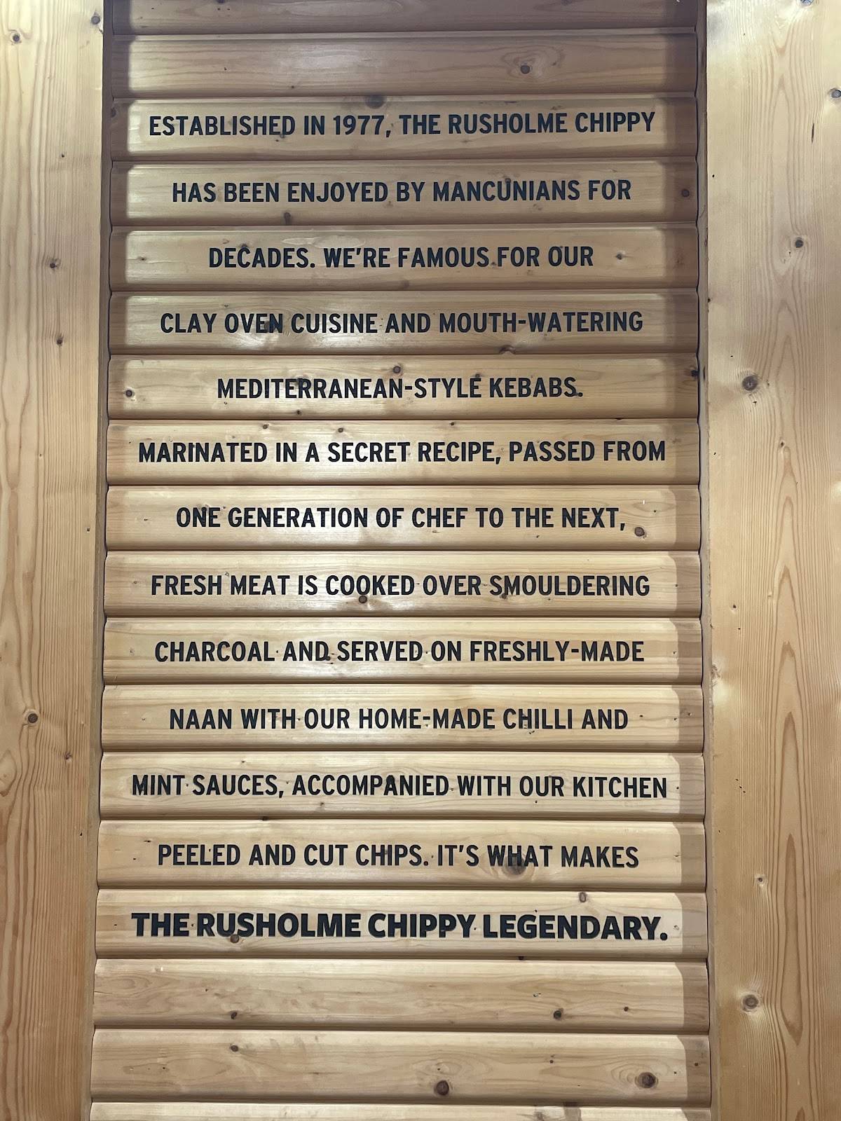 Menu at Rusholme Chippy fast food, Manchester, 62 Wilmslow Rd