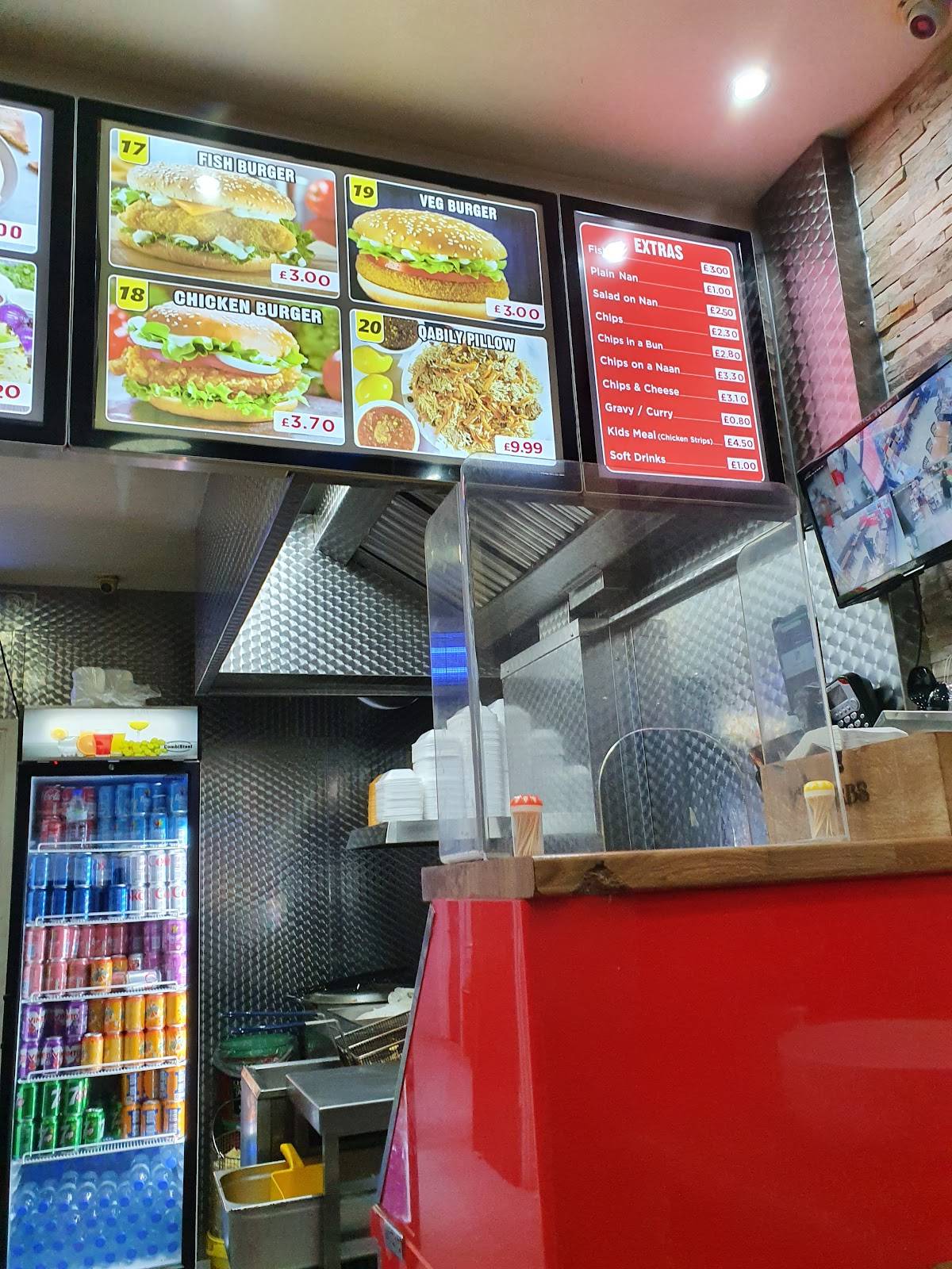 Menu at Rusholme Chippy fast food, Manchester, 62 Wilmslow Rd