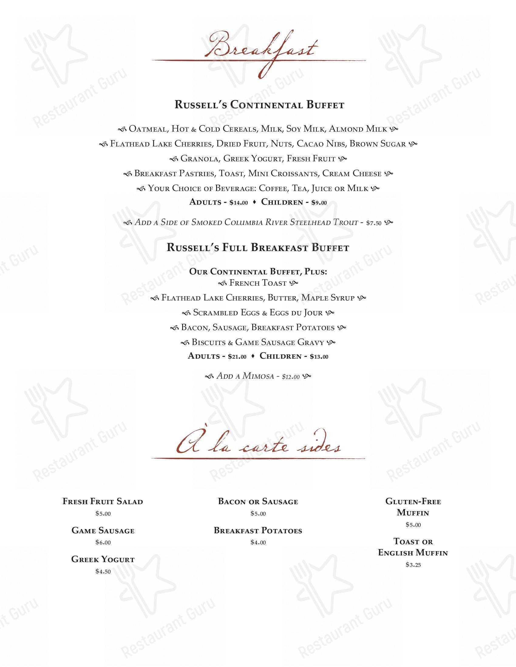 Menu at Russell's Fireside Dining Room restaurant, USA
