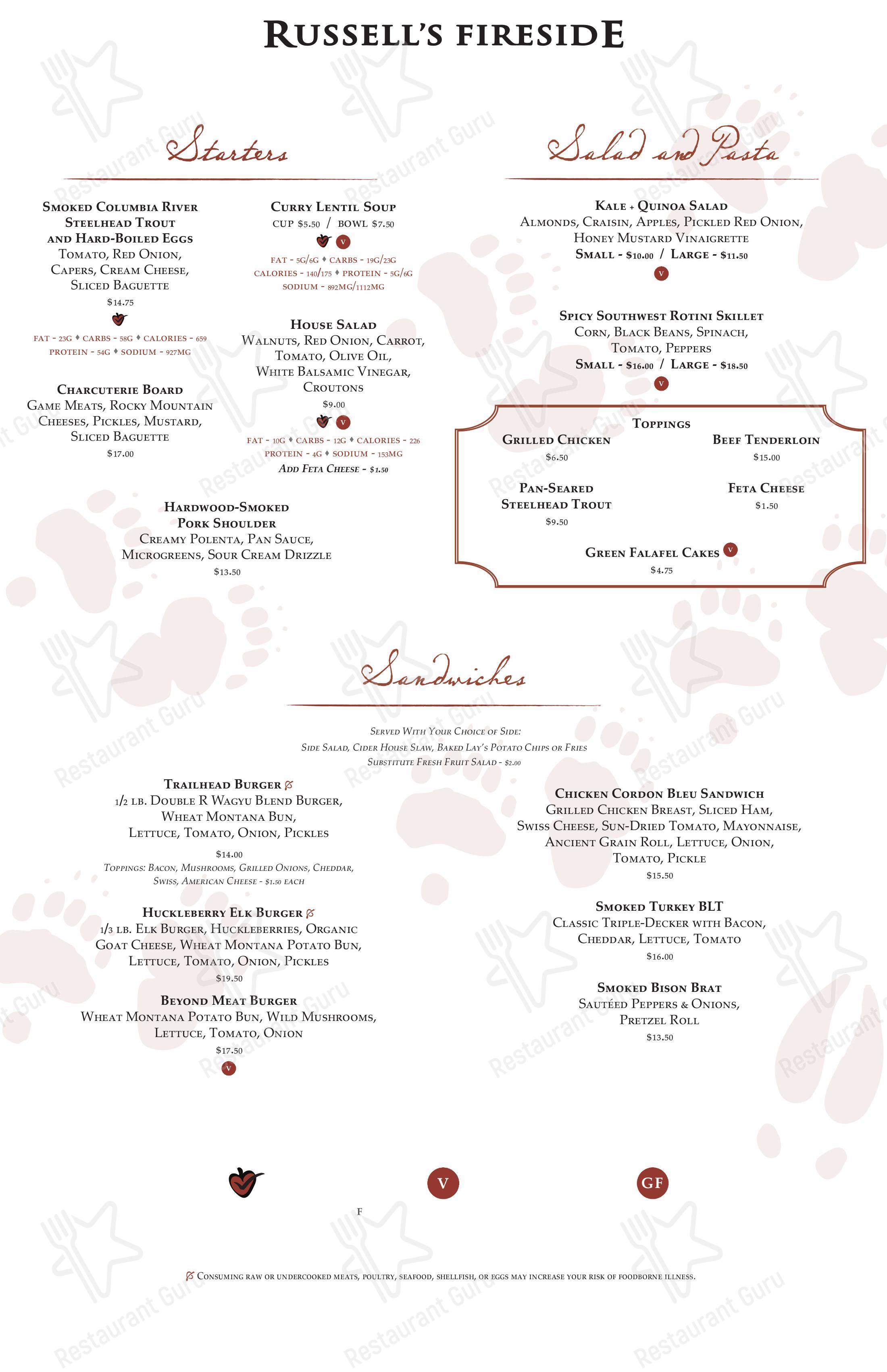 Menu at Russell's Fireside Dining Room restaurant, USA