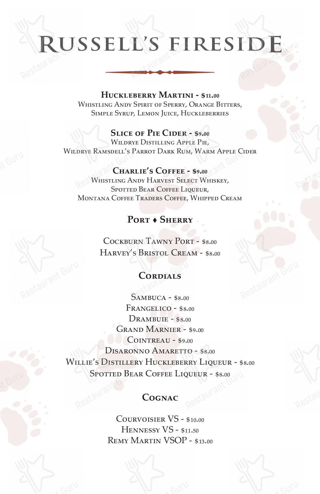 Menu at Russell's Fireside Dining Room restaurant, USA