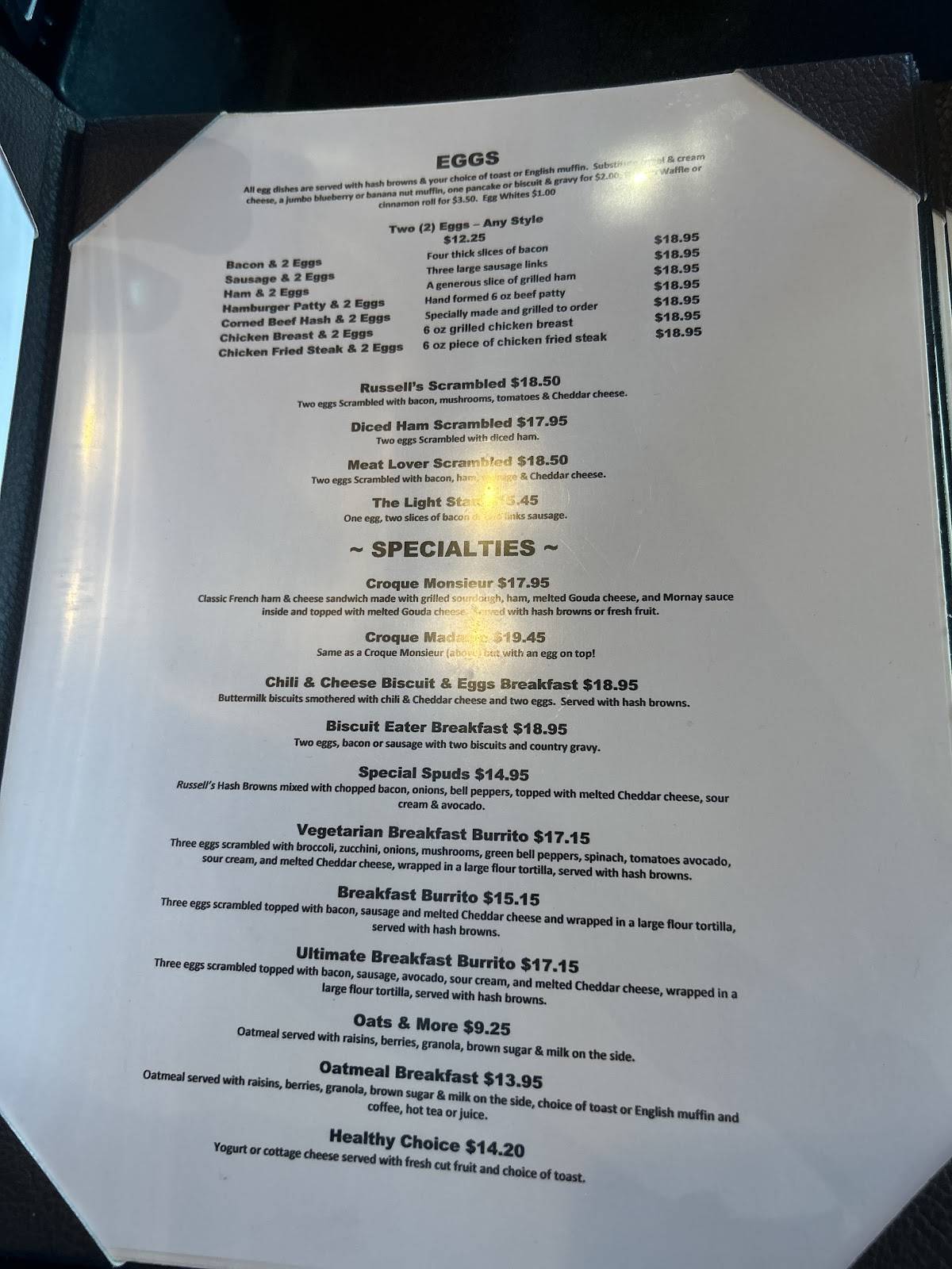 Menu at Russell's restaurant, Pasadena