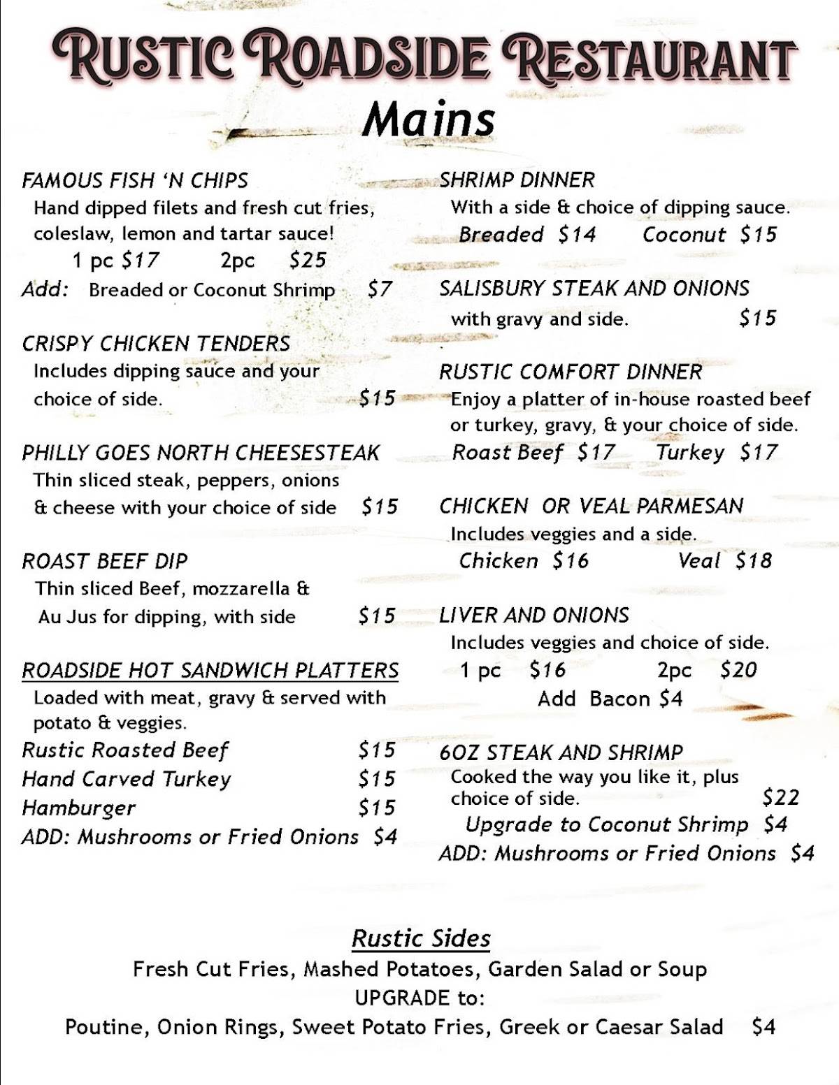Menu at Rustic Roadside Restaurant, Gilmour
