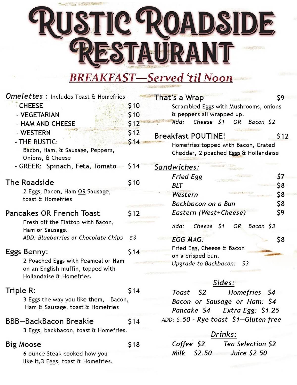 Menu at Rustic Roadside Restaurant, Gilmour