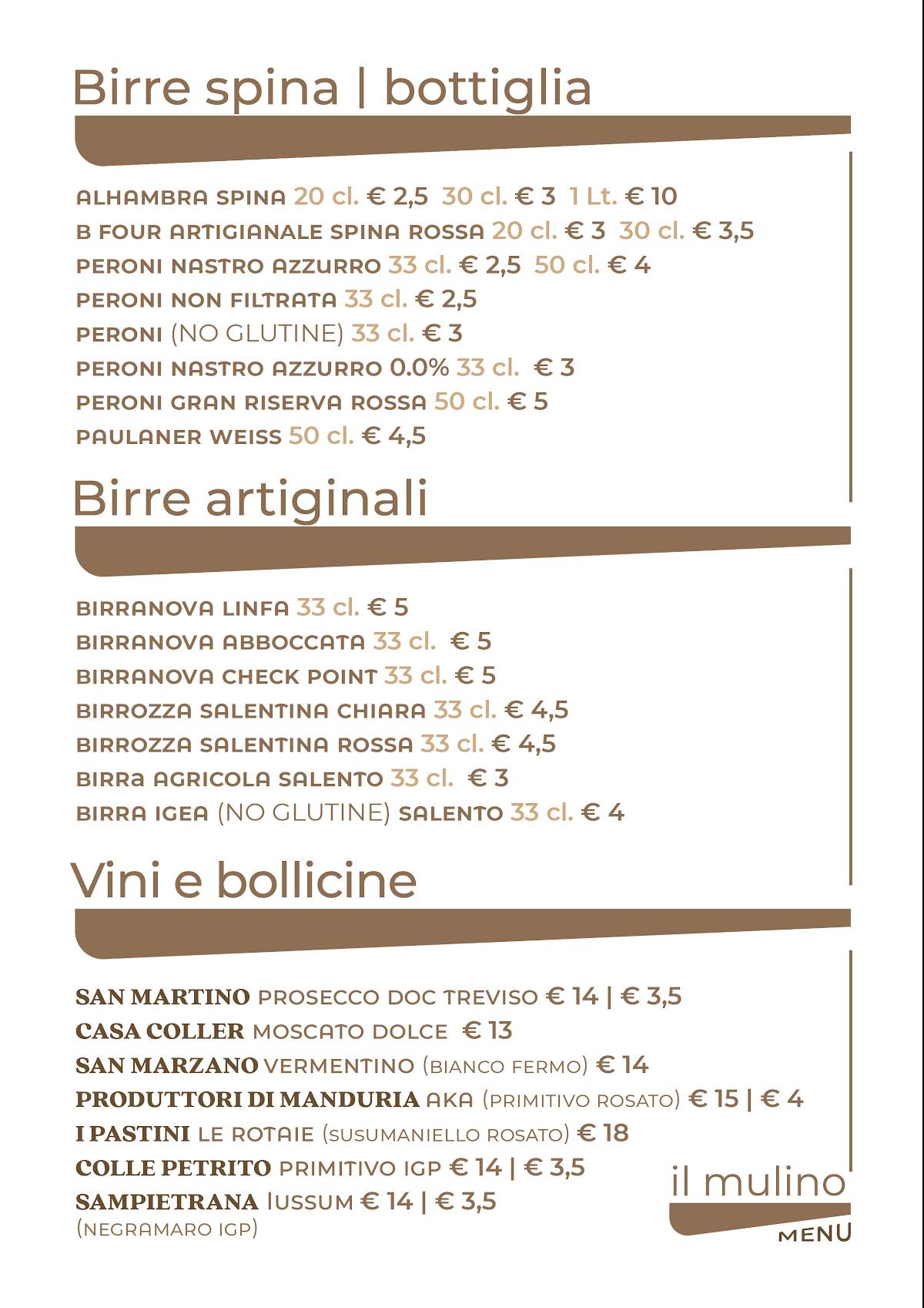 Menu da Il Mulino ristorante, Rutigliano
