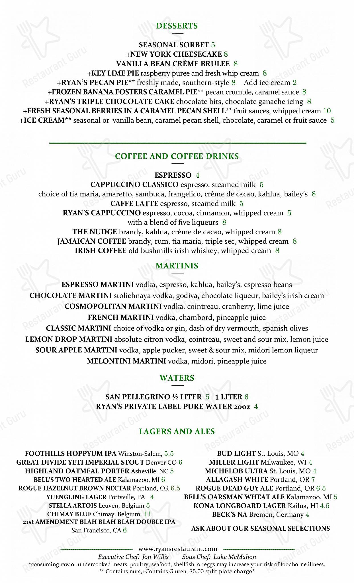 Menu at Ryan's Restaurant, Winston-Salem