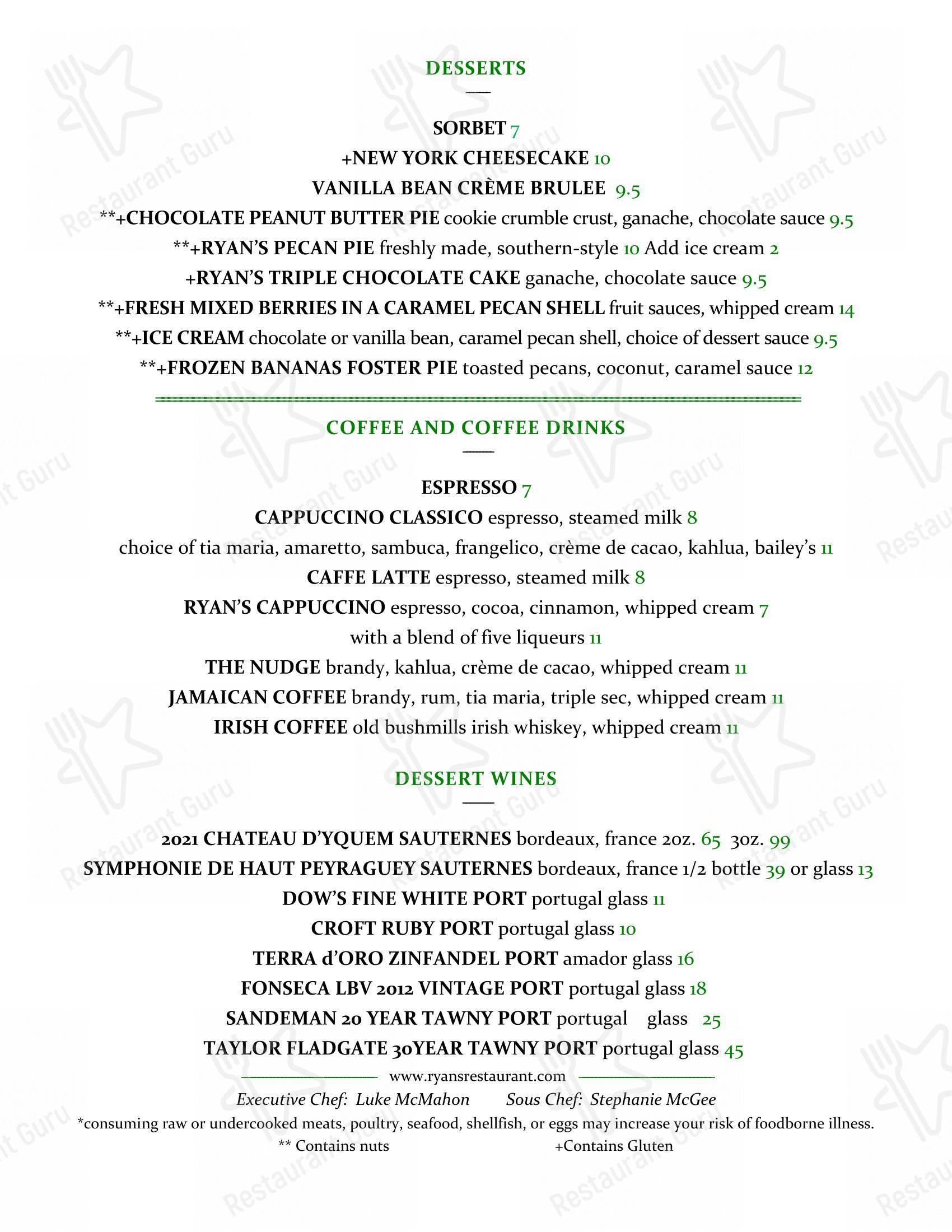 Menu at Ryan's Restaurant, Winston-Salem
