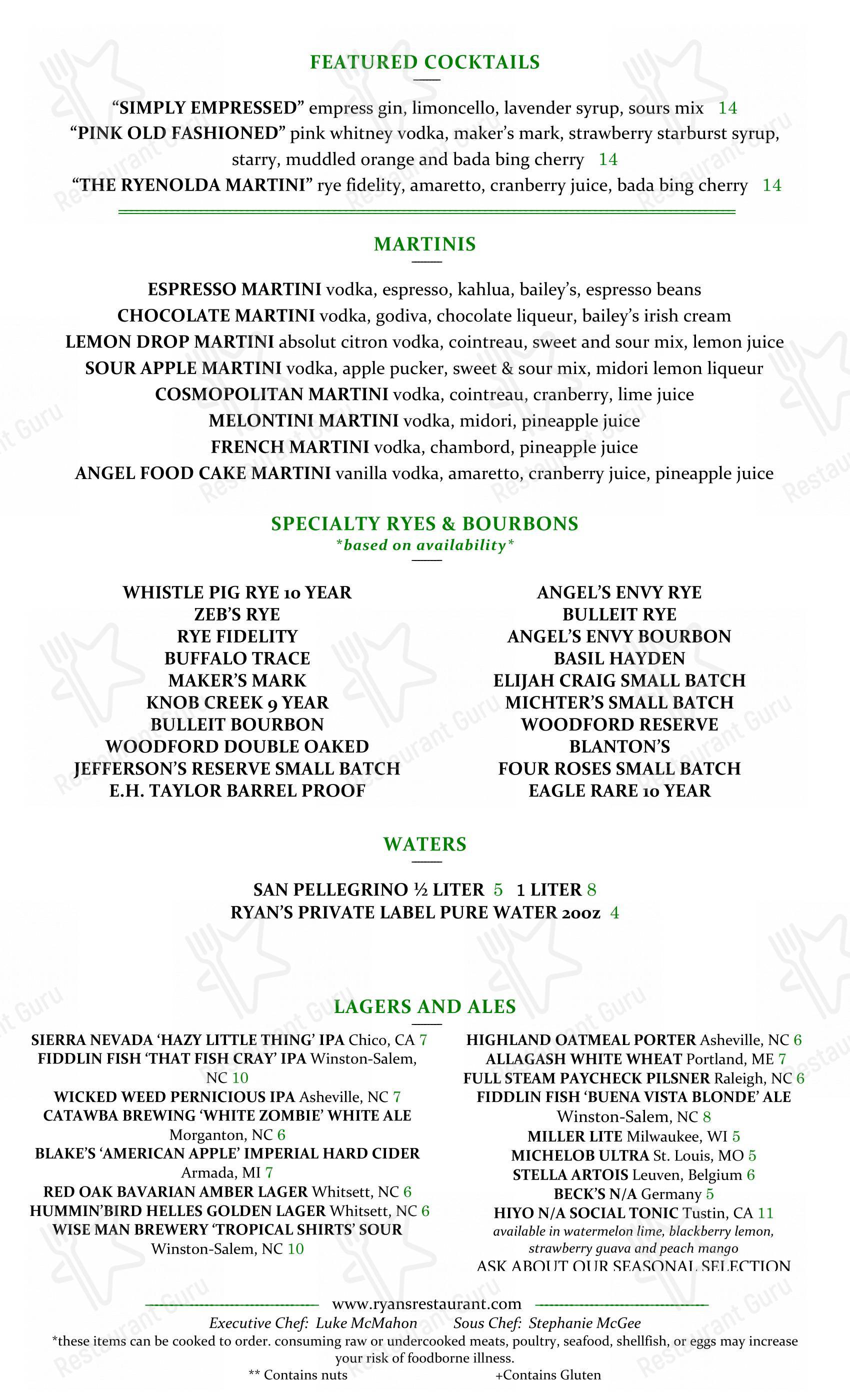 Menu at Ryan's Restaurant, Winston-Salem