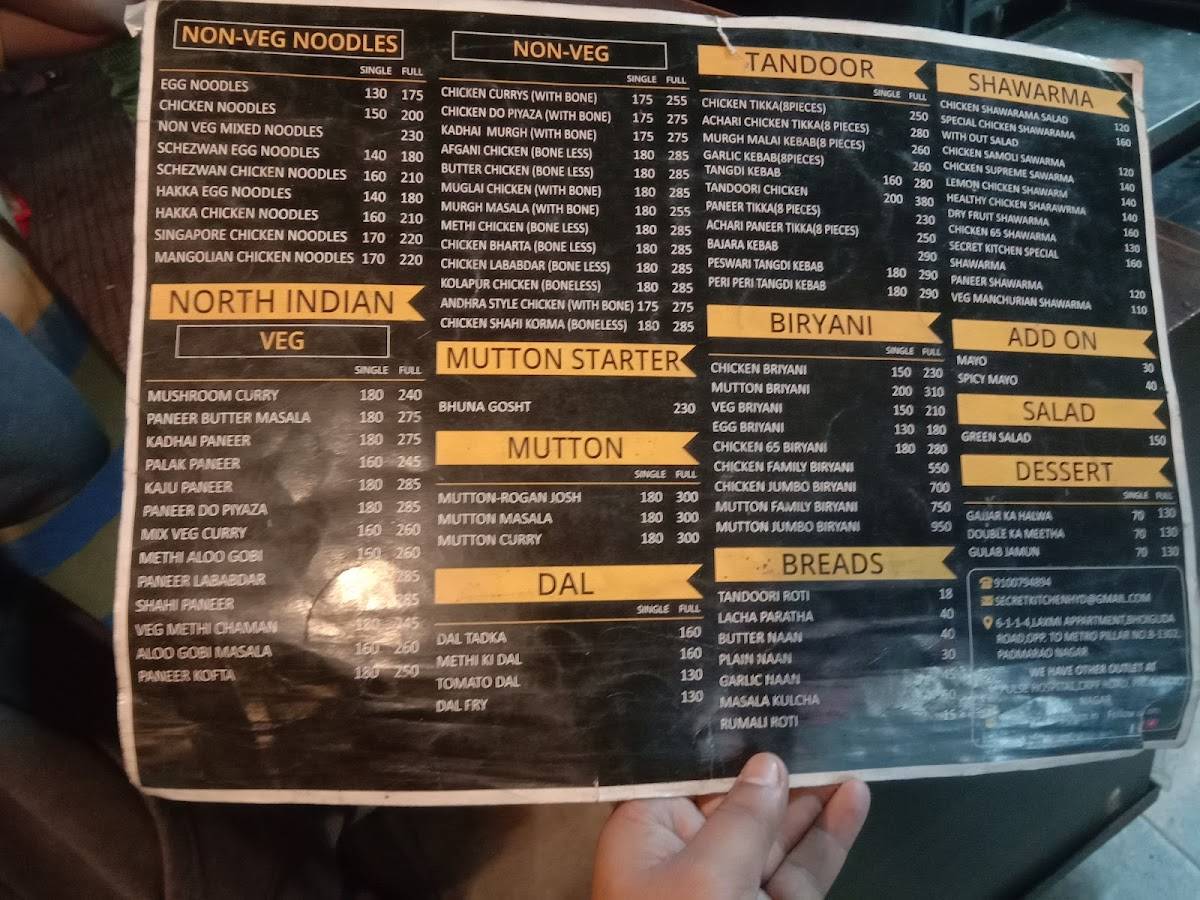 Menu at SECRET KITCHEN RESTAURANT, Secunderabad, 6-1-1 to 6-1-4