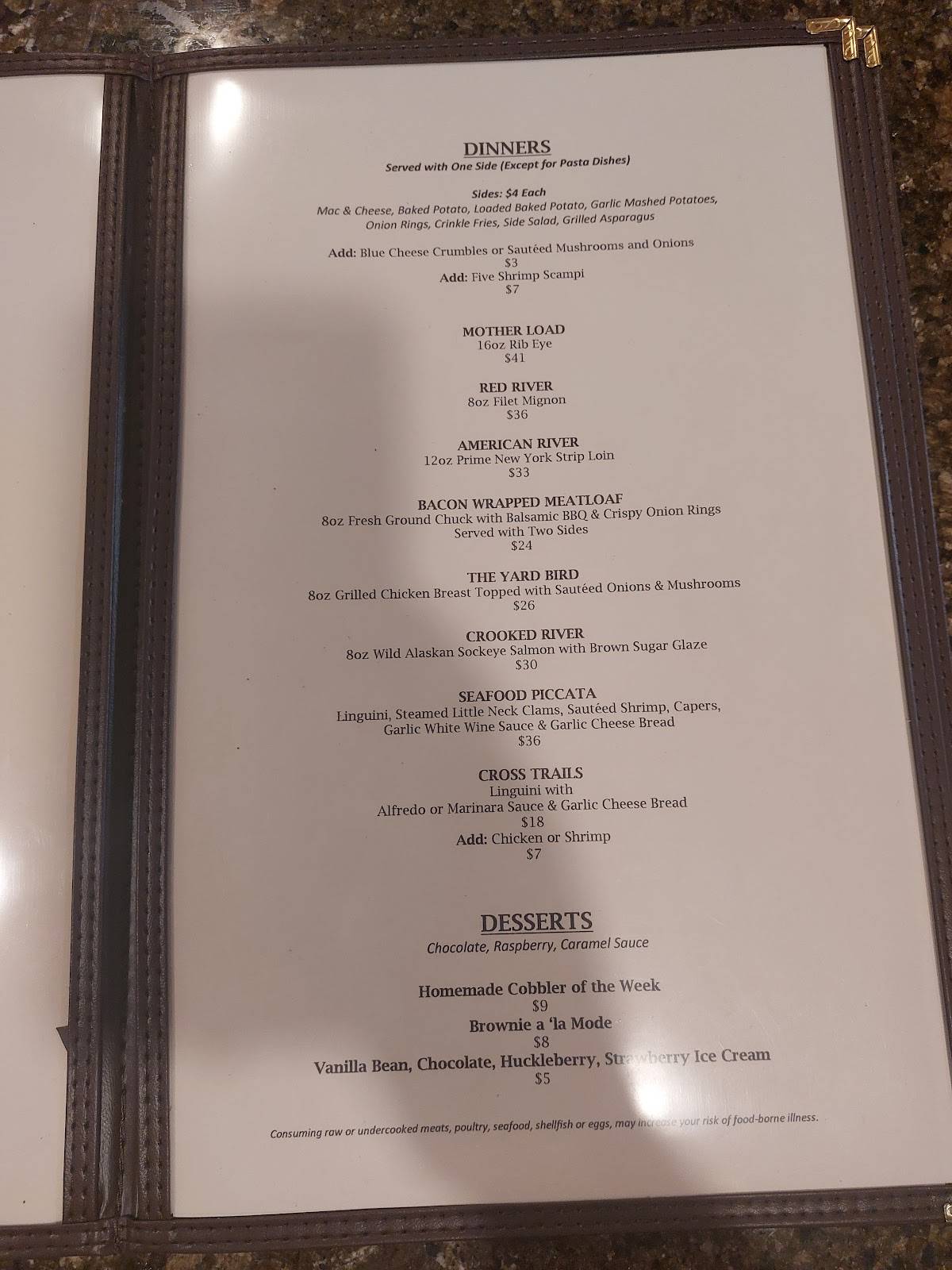 Menu at SF Junction Clearwater River Lodge and RV restaurant, USA