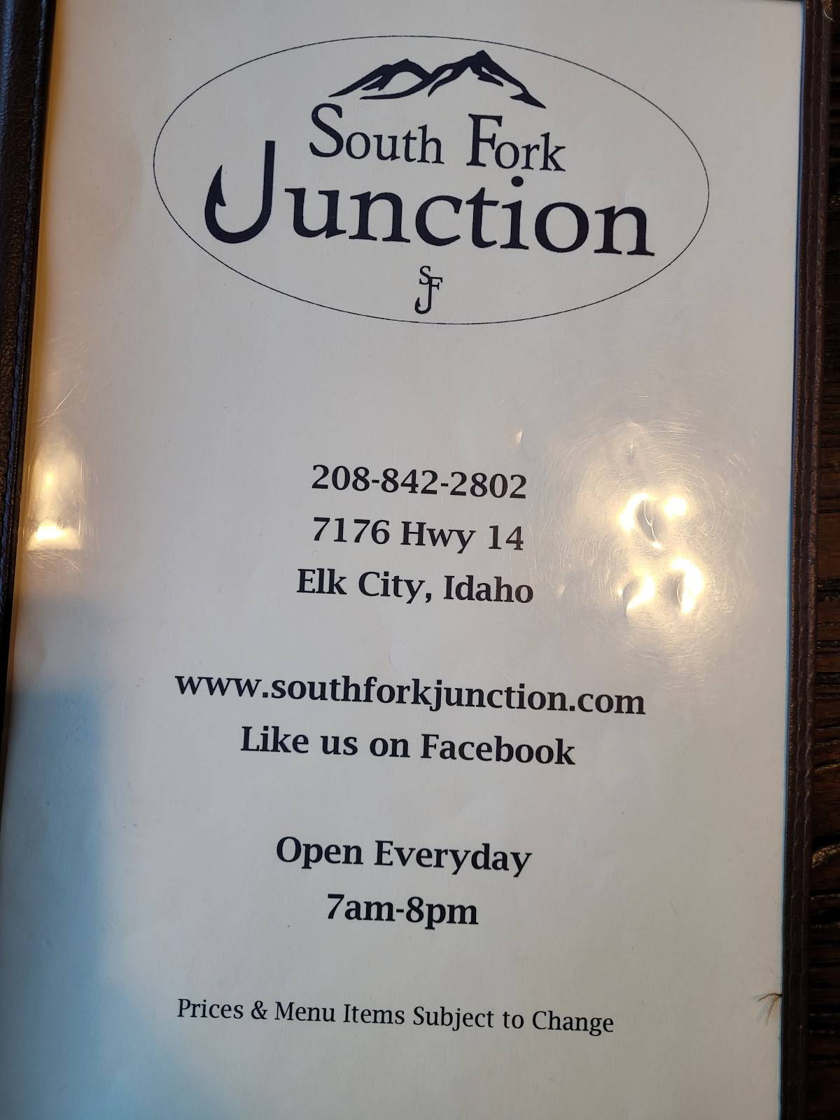 Menu at SF Junction Clearwater River Lodge and RV restaurant, USA