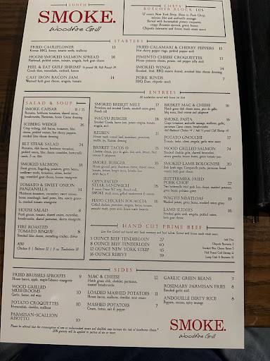Menu at SMOKE. Woodfire Grill pub & bar, Tulsa