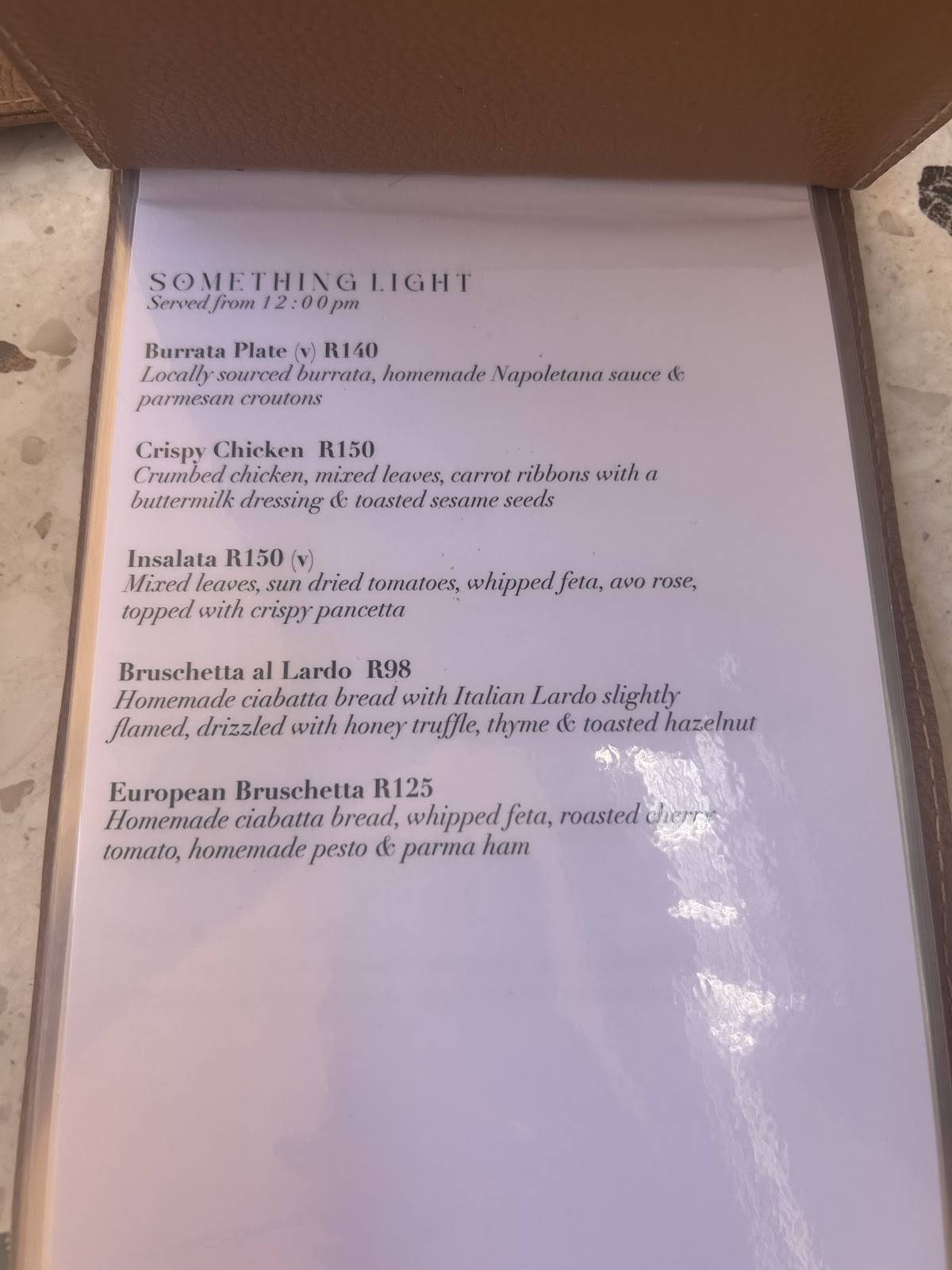 Menu at SOFIA restaurant, Cape Town