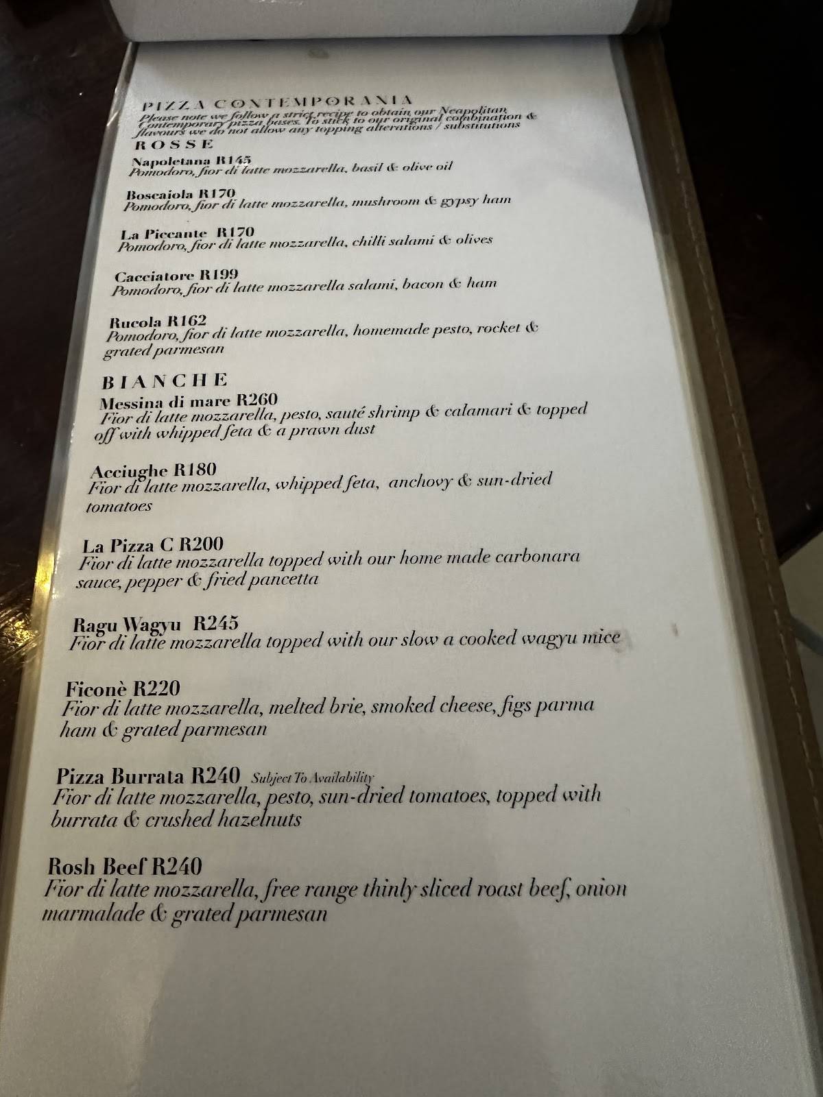 Menu at SOFIA restaurant, Cape Town