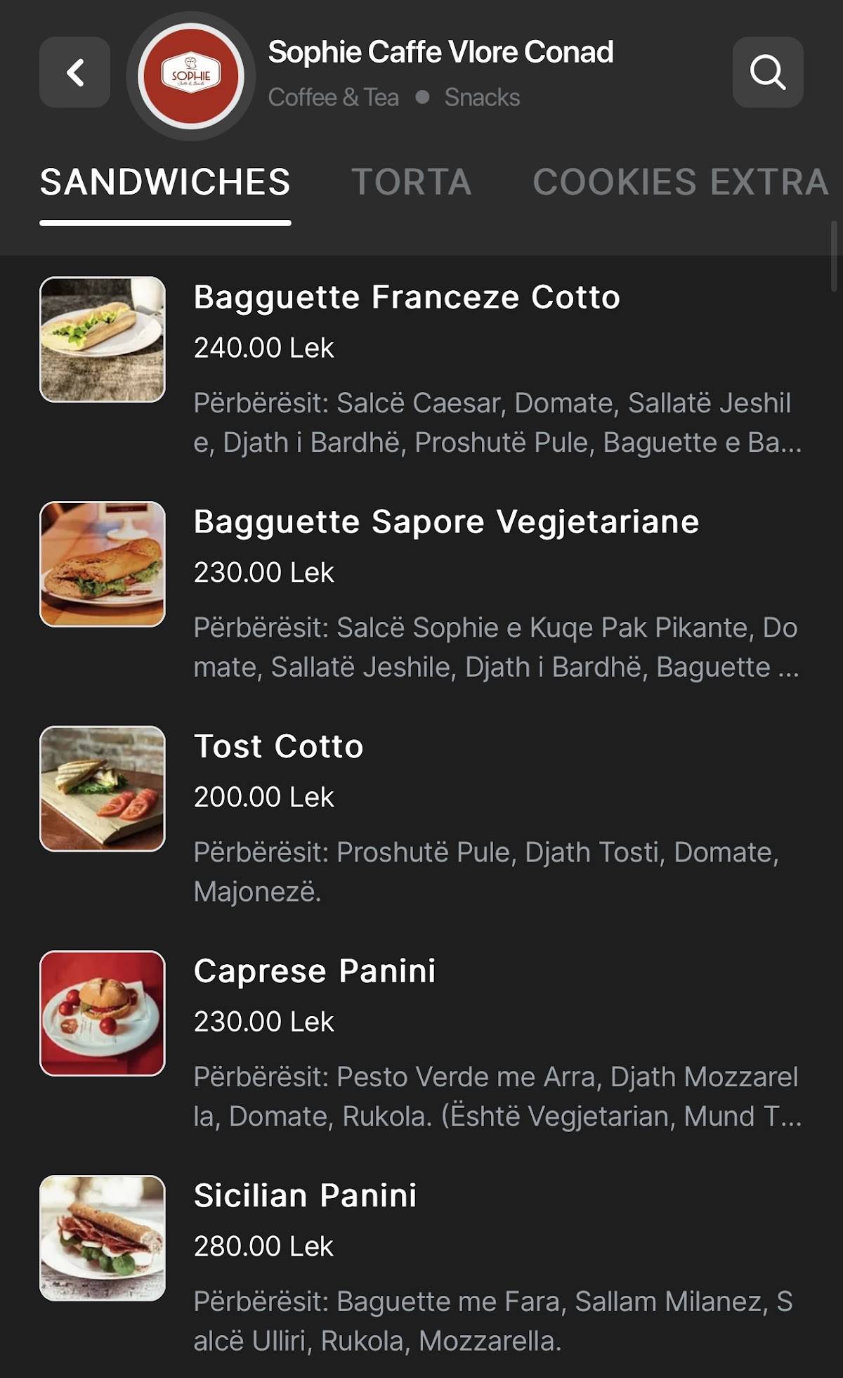 Speisekarte von SOPHIE CAFFE pub & Bar, Vlora, Sophie Caffe