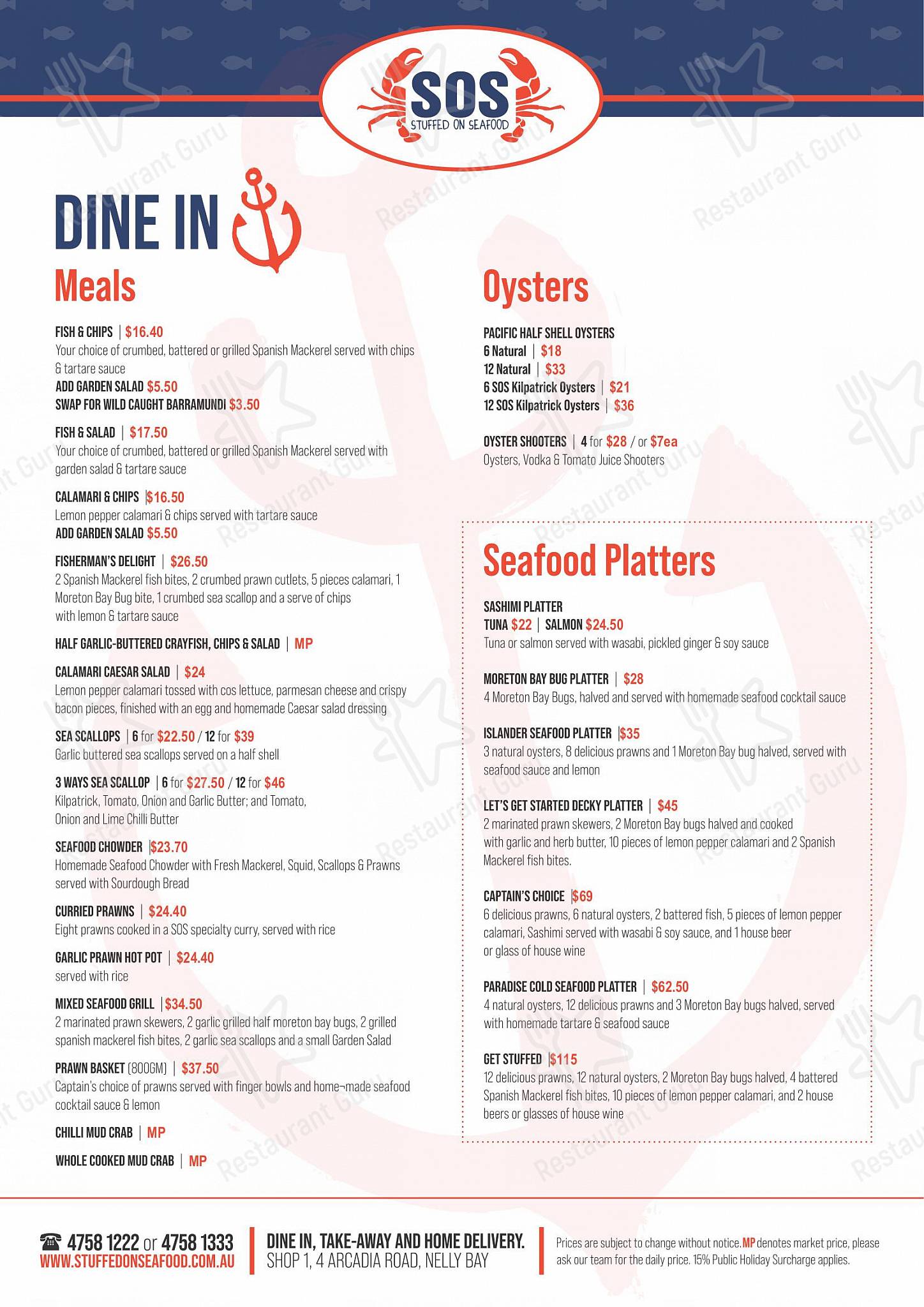Menu at SOS - Stuffed on Seafood restaurant, Nelly Bay