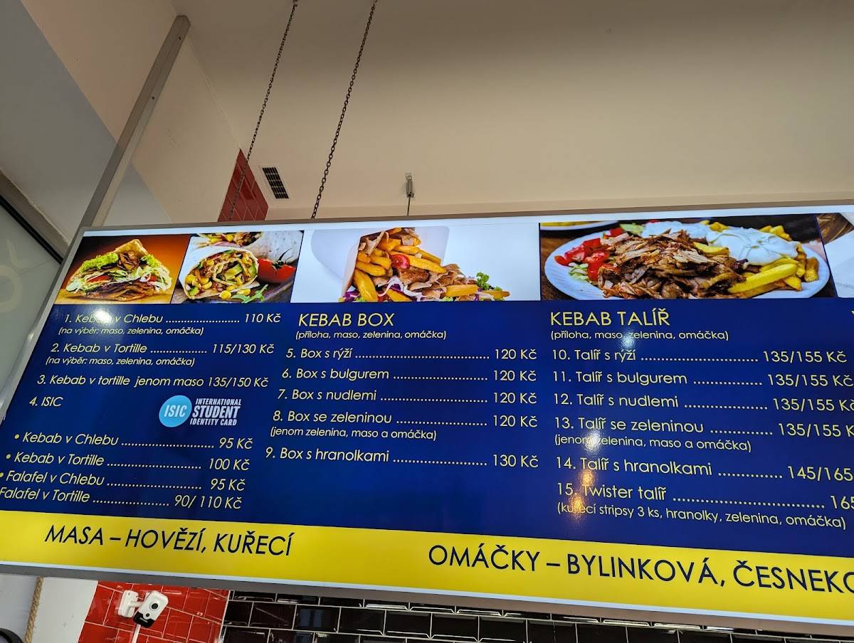 Menu at Šach Kebab restaurant, Brno