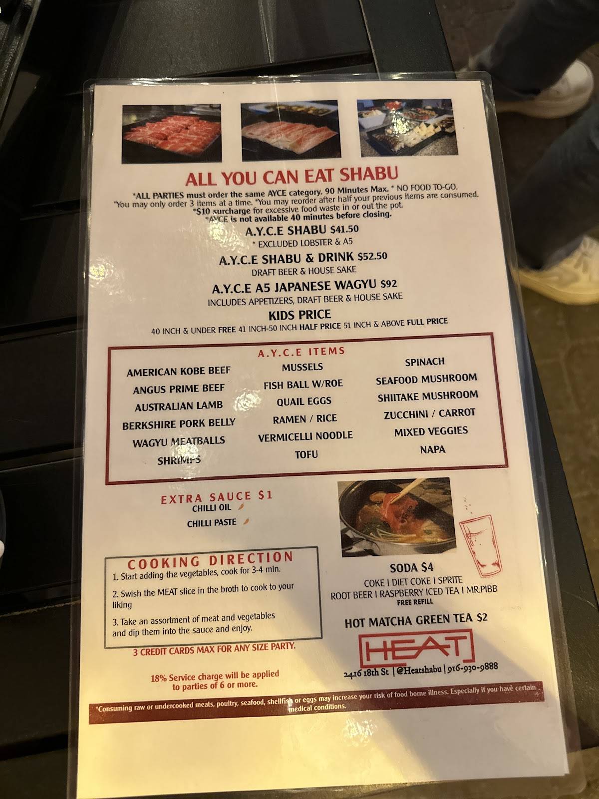 Menu at Heat Shabu - Downtown restaurant, Sacramento, 18th St