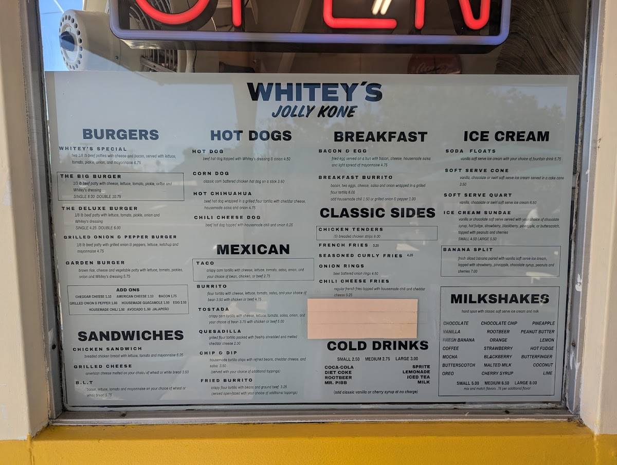 Menu at Whitey's Jolly Kone fast food, West Sacramento
