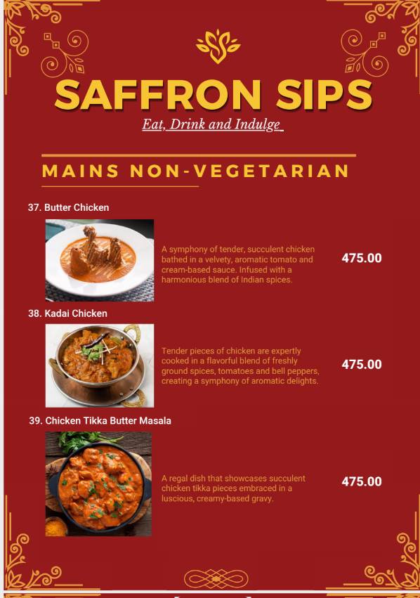 Carta de Saffron Sips - Cebu- Indian Restaurant, Cebú