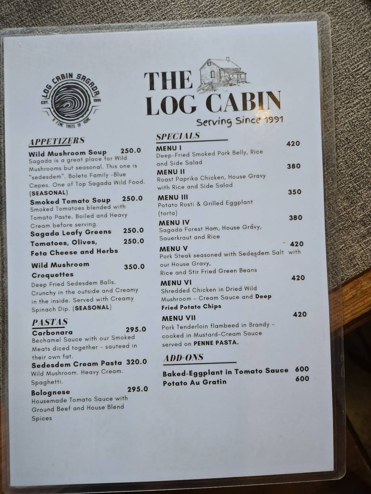 Menu at Log Cabin Sagada restaurant, Sagada, Sagada - Besao Rd