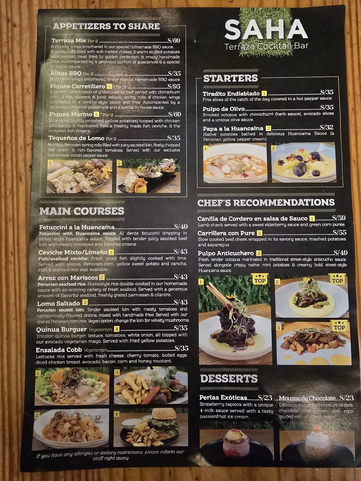 Carta del restaurante Saha Peruvian Kitchen, Miraflores