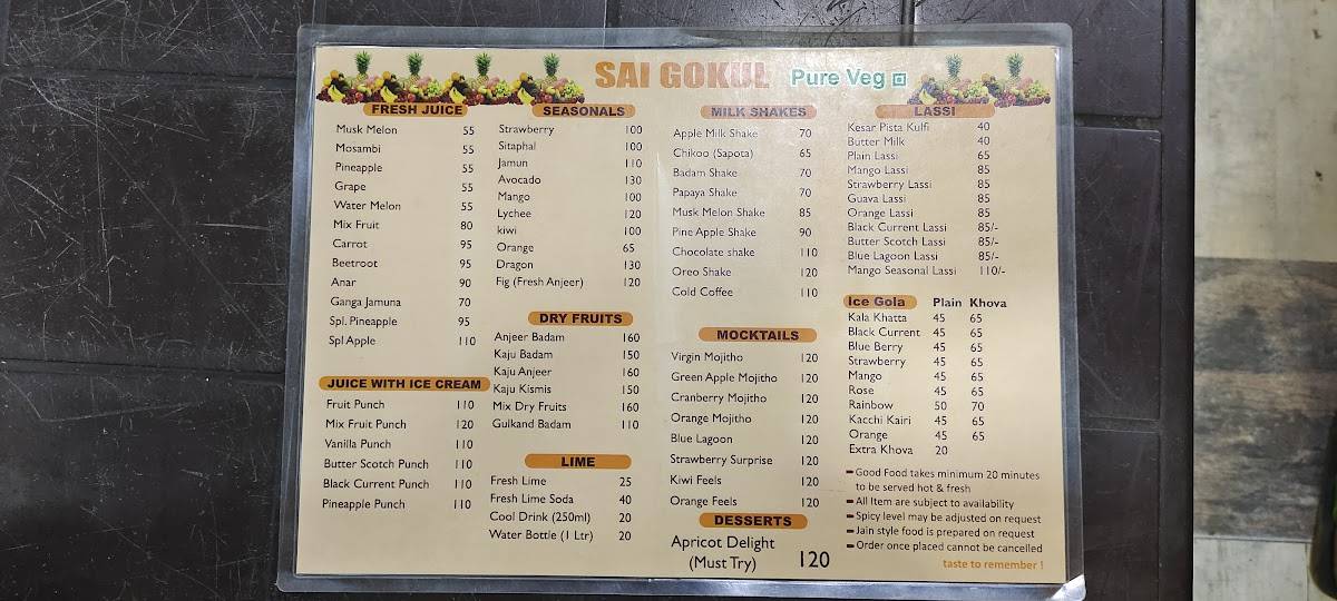 Menu at Sai Gokul, Hyderabad