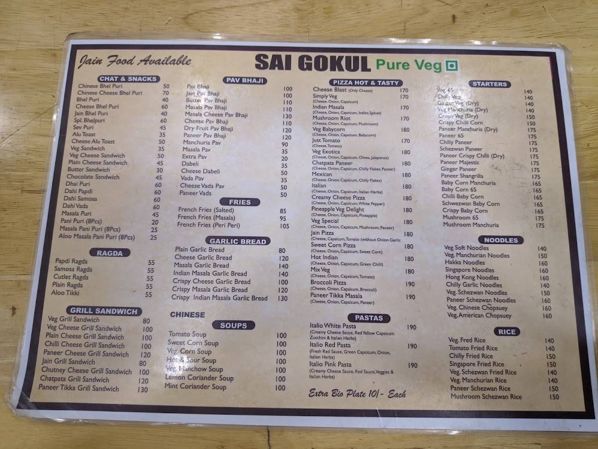 Menu at Sai Gokul, Hyderabad