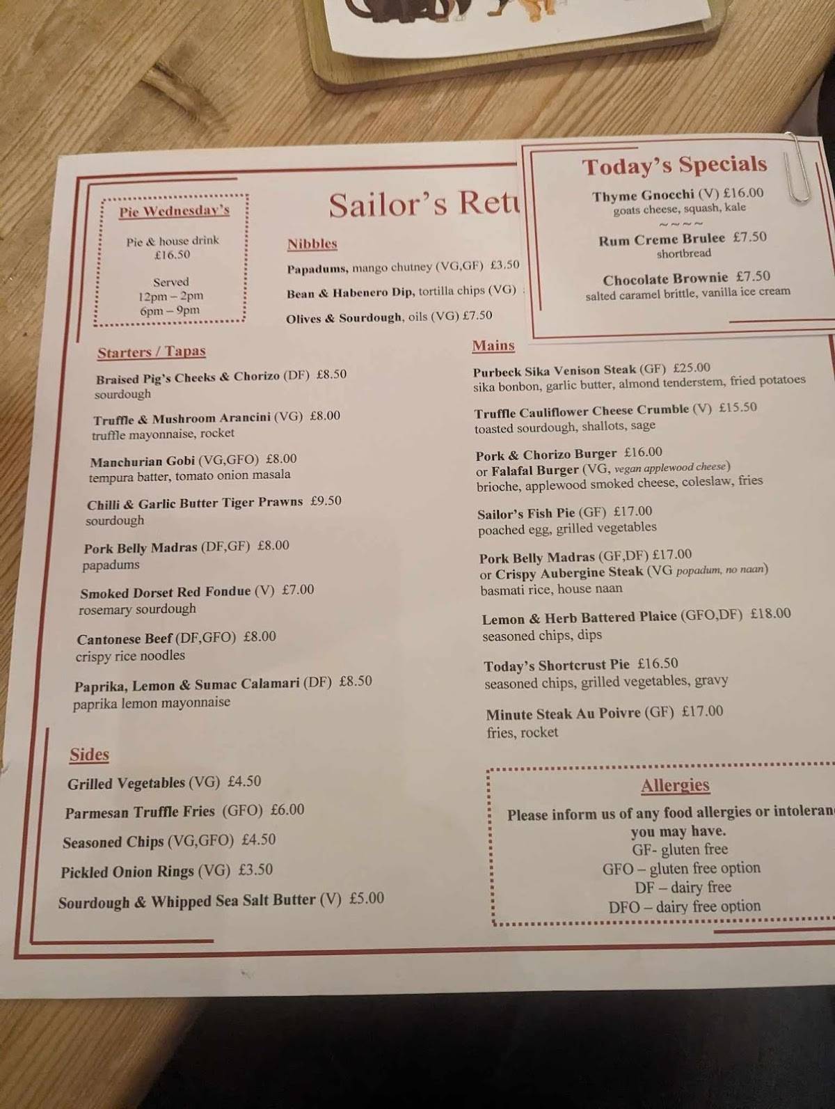 Menu at Sailor's Return pub & bar, Chaldon Herring