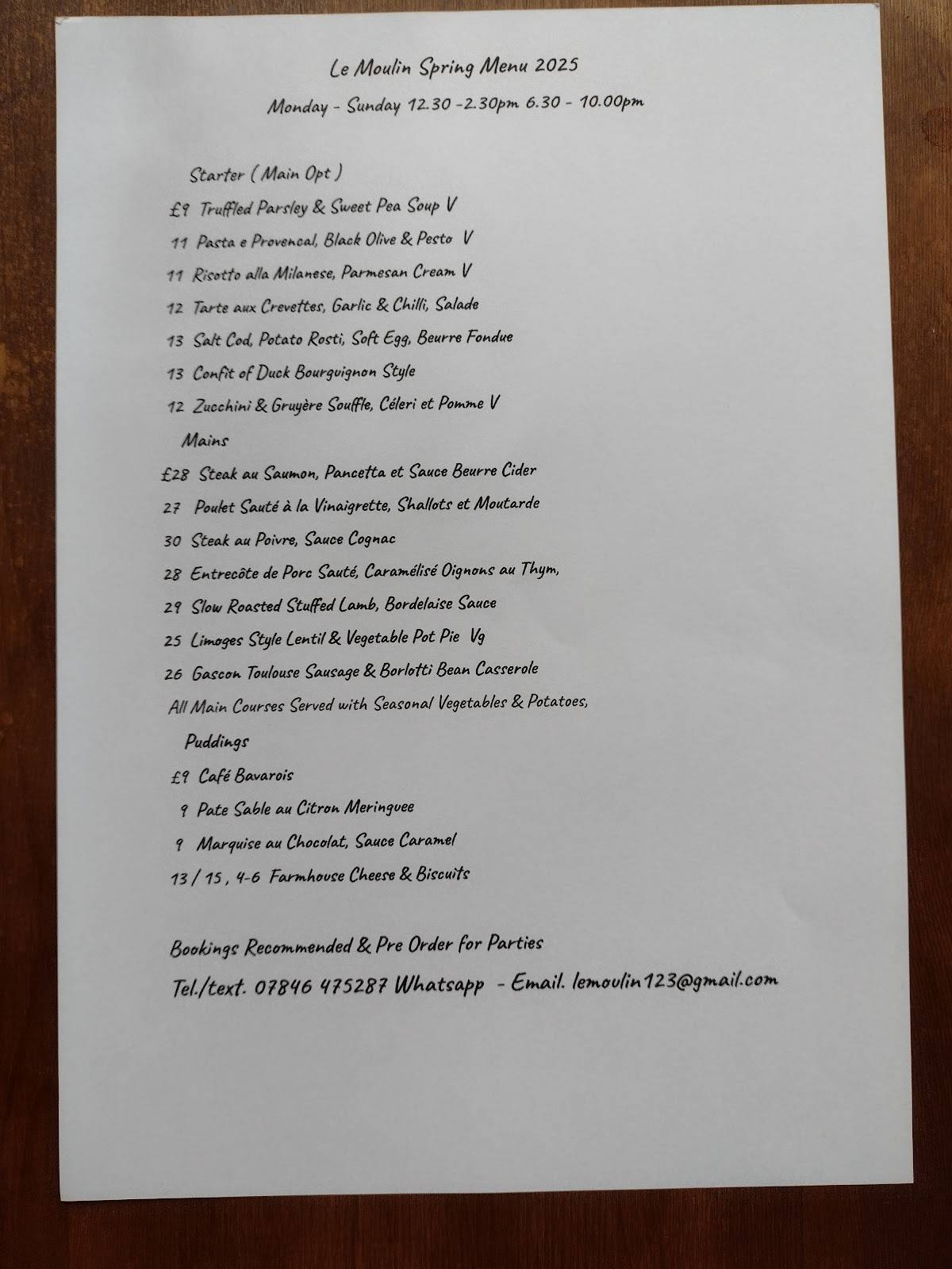 Menu at Le Moulin Restaurant, St Albans