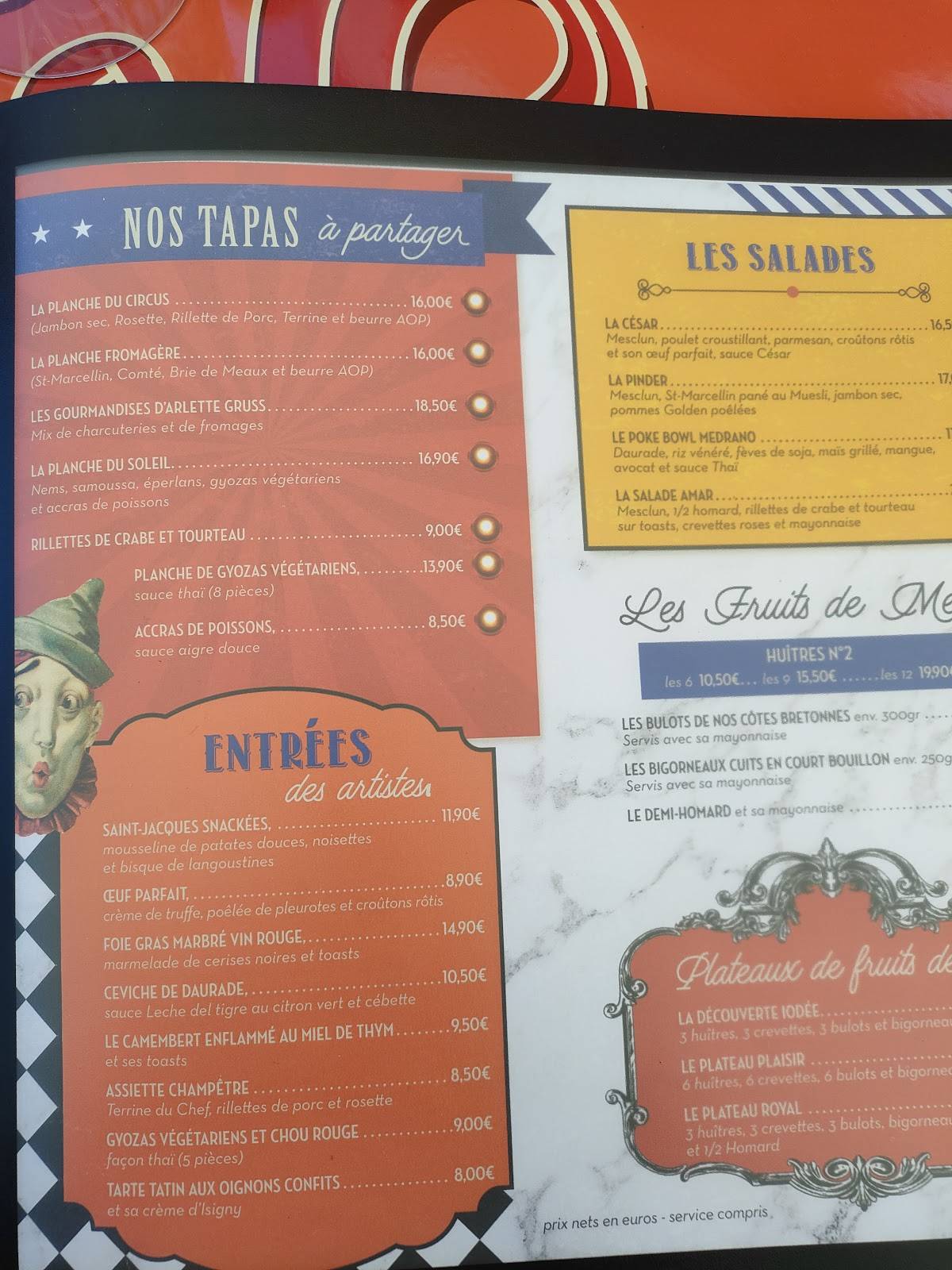 Menu au Circus restaurant, Sainte-Luce-sur-Loire