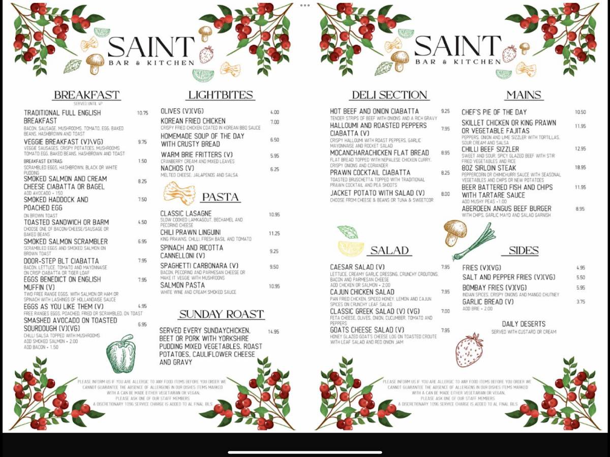Menu at Saints & Scholars restaurant, Manchester