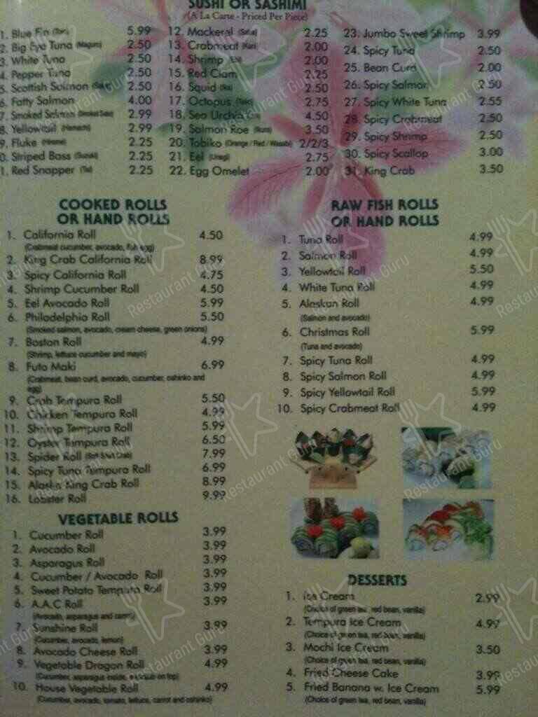 Menu at Sakura restaurant, Tampa