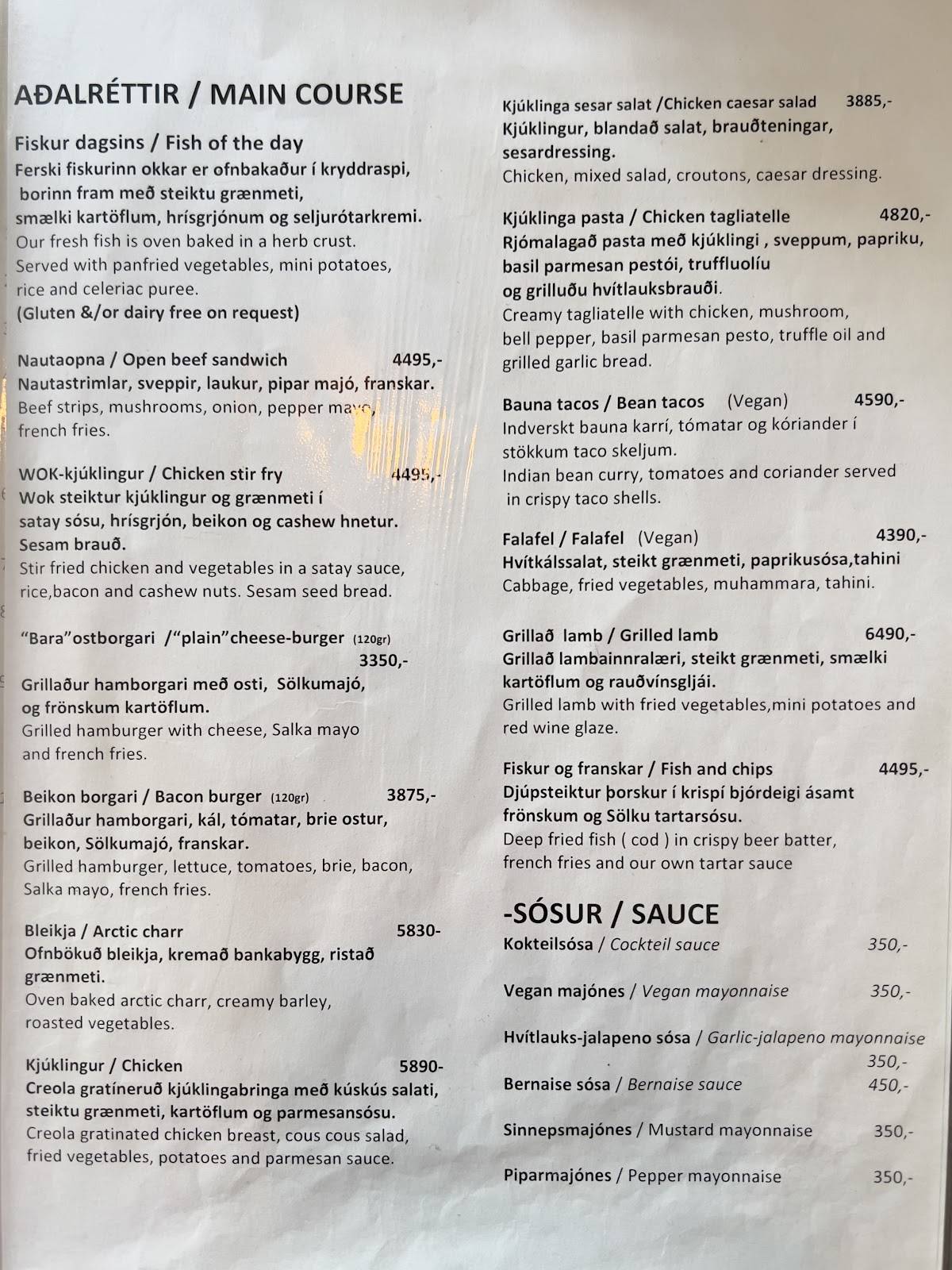Menu at Salka Restaurant, Húsavík