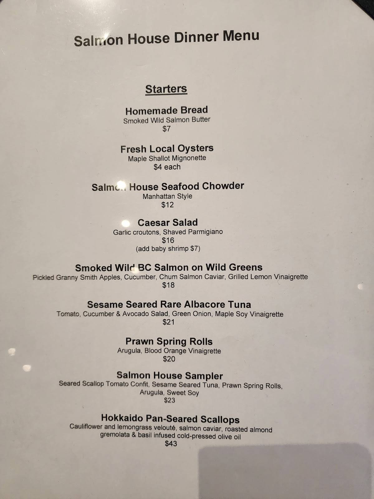 Menu at Salmon House On The Hill restaurant, West Vancouver