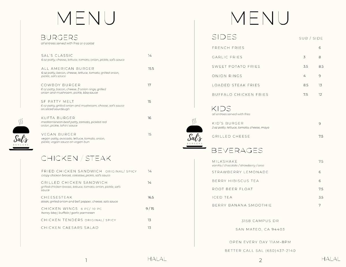Menu at Sal's Burgers restaurant, San Mateo