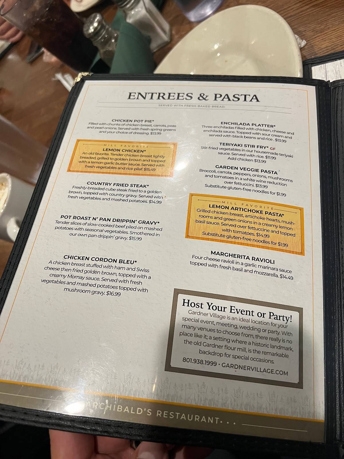 Menu at Archibald’s Restaurant at Gardner Village, West Jordan