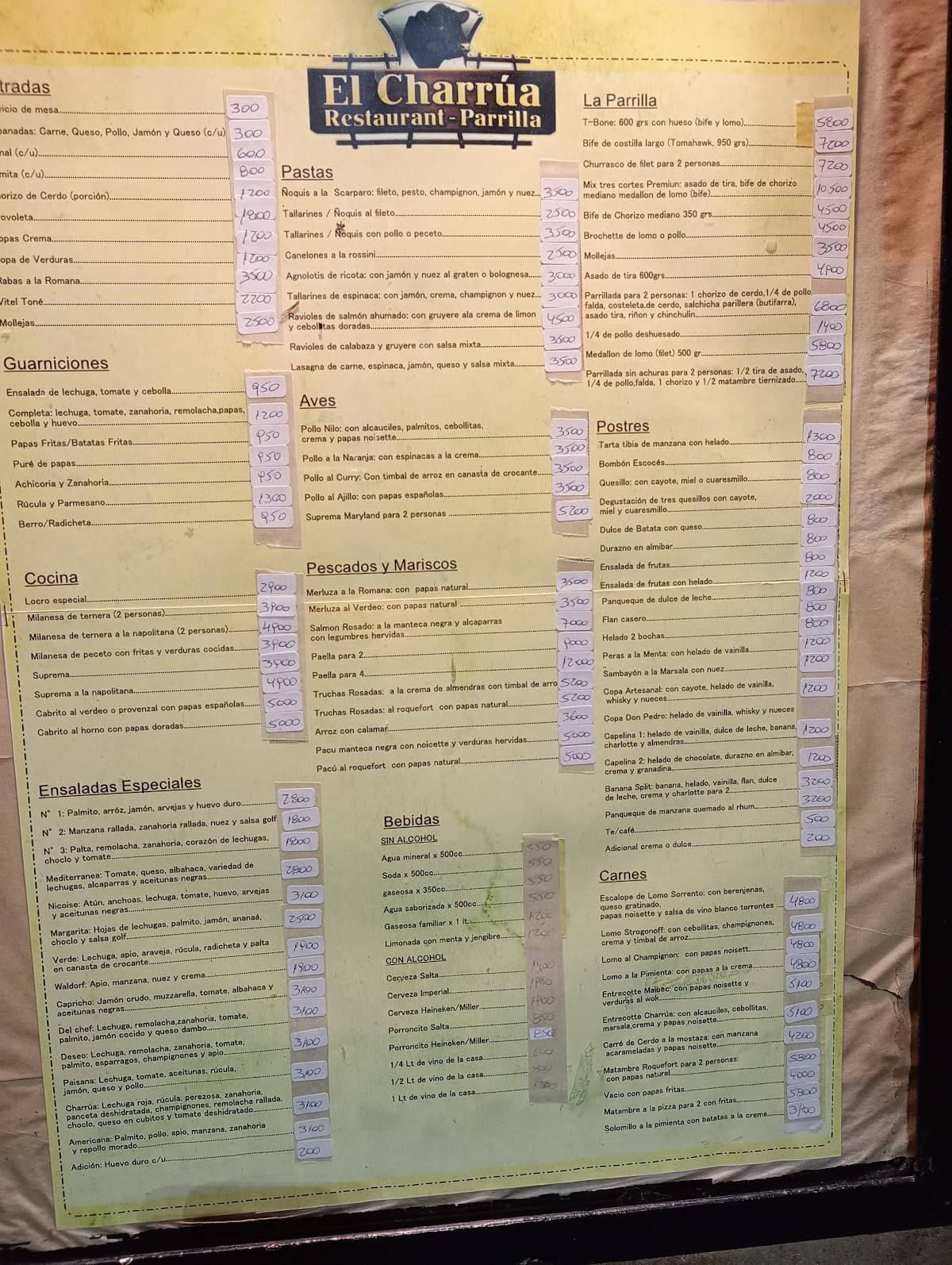 Menu at El Charrúa Restaurante y Parrillada, Salta, Caseros 221